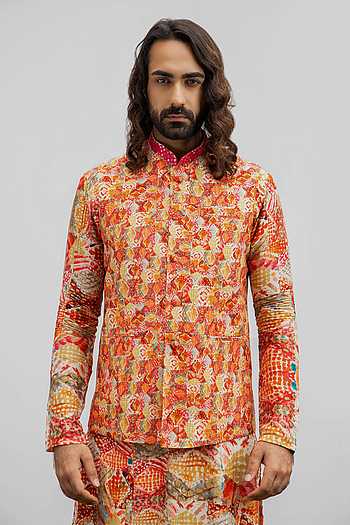 Buy Kaka Menswear Red Bam Silk Diamond Print Bundi Online | Aza Fashions