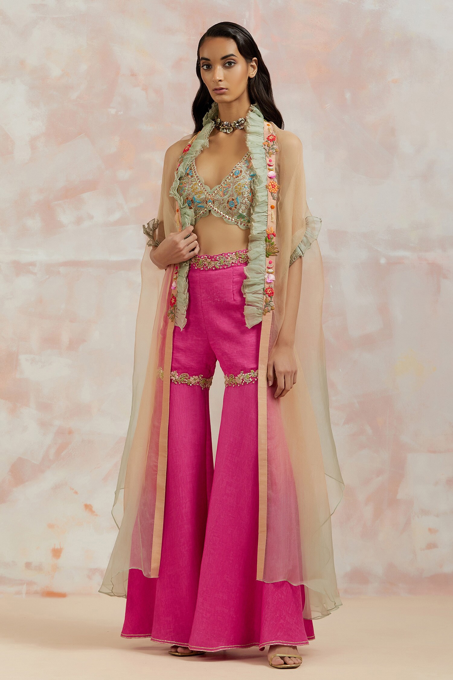 Buy AUM by Asit and Ashima Blue Silk Pleated Cape Palazzo Set Online ...