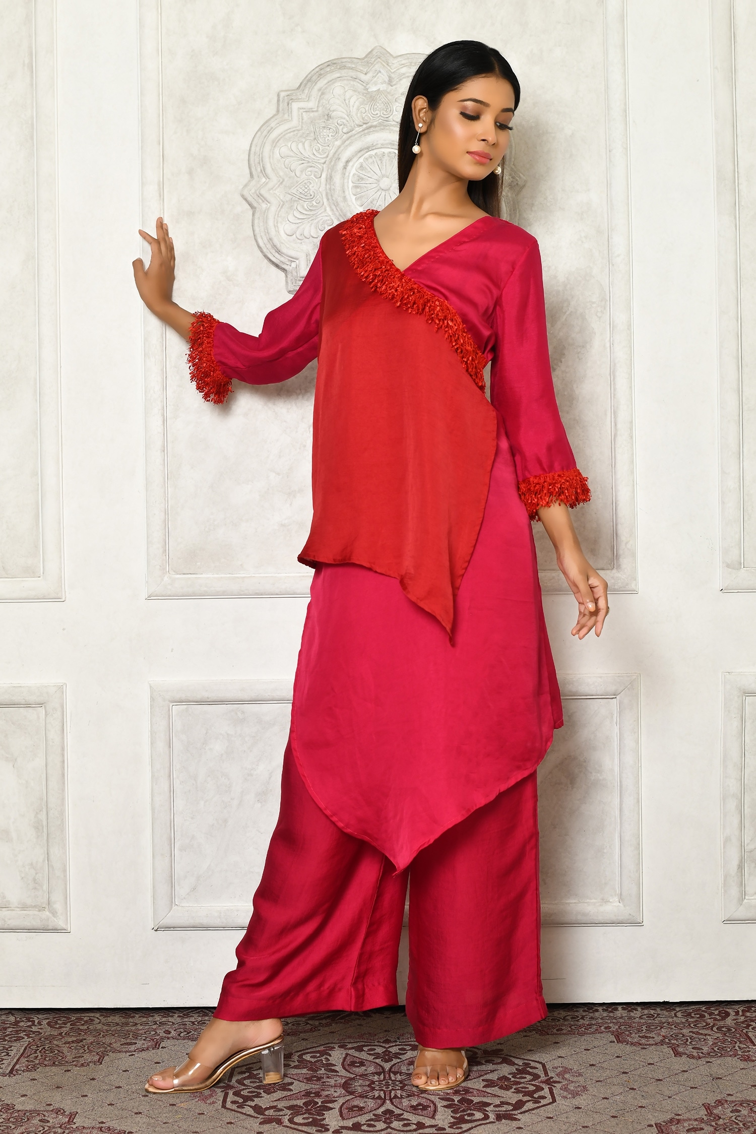 Buy Red Silk Ruffled Neck Layered Kurta And Pant Set For Women by ...