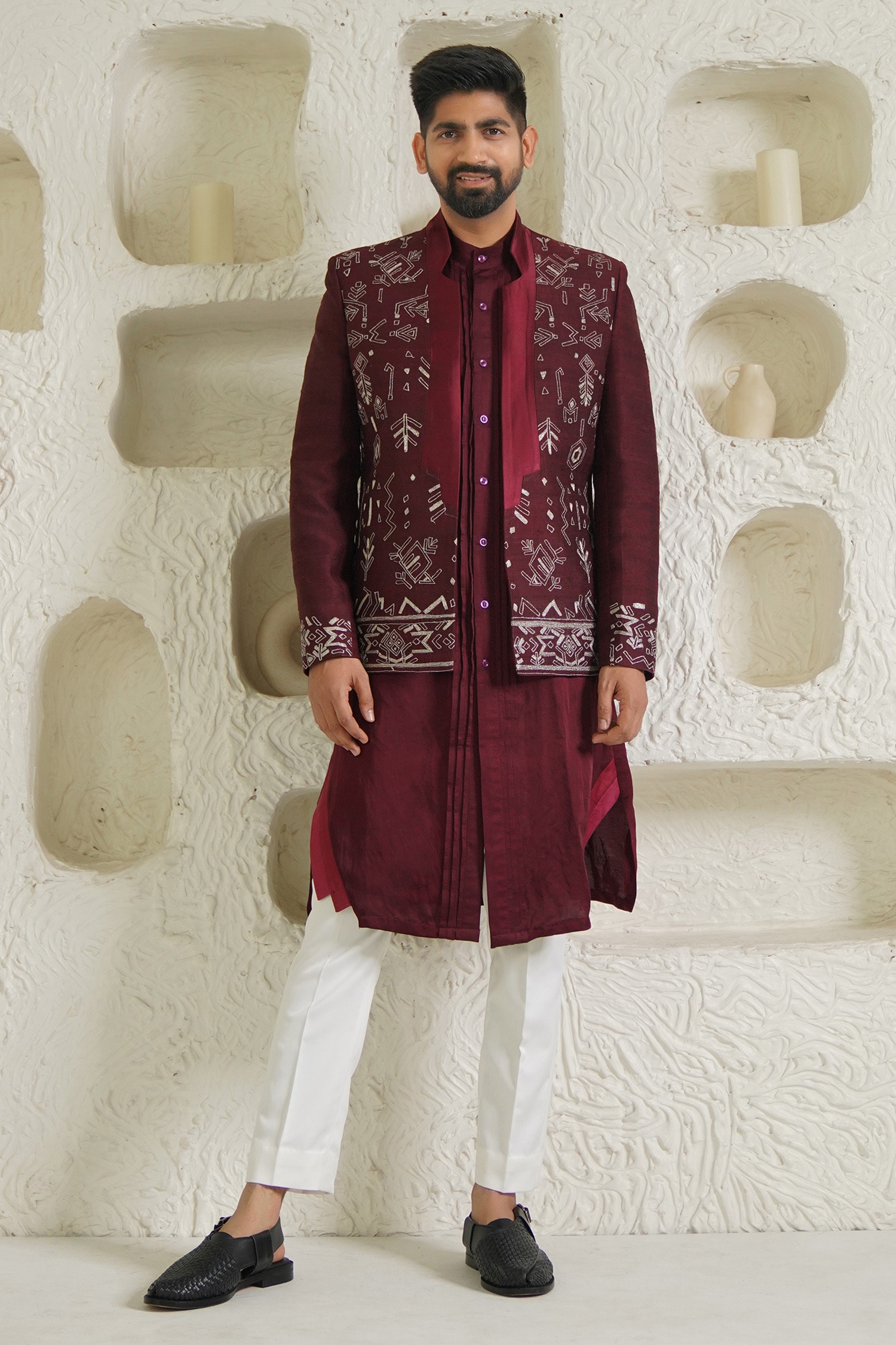 Buy Maroon Cotton Silk Blend Embroidered Geometric Shrug For Men by ...