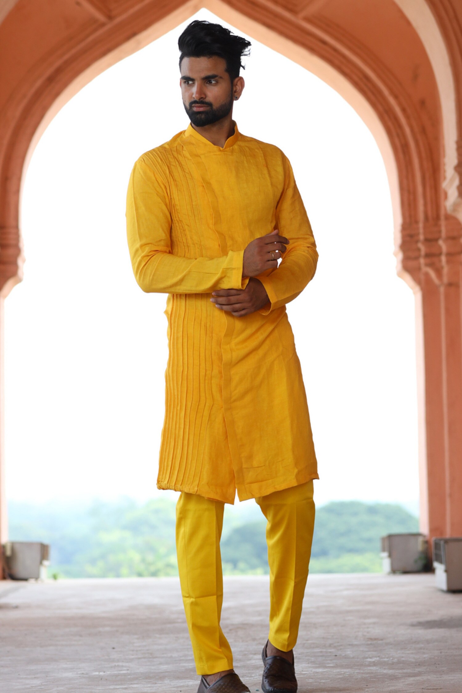 Buy Yellow Linen Silk And Lycra Avar Plain Kurta & Pant Set For Men by ...