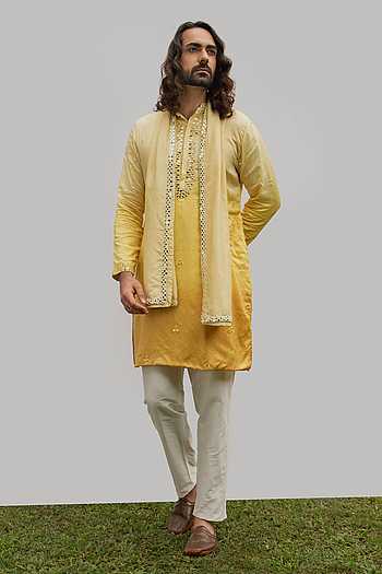 Buy Yellow Kurta And Dupatta Bam Silk Embroidered Ombre Shaded Pyjama ...