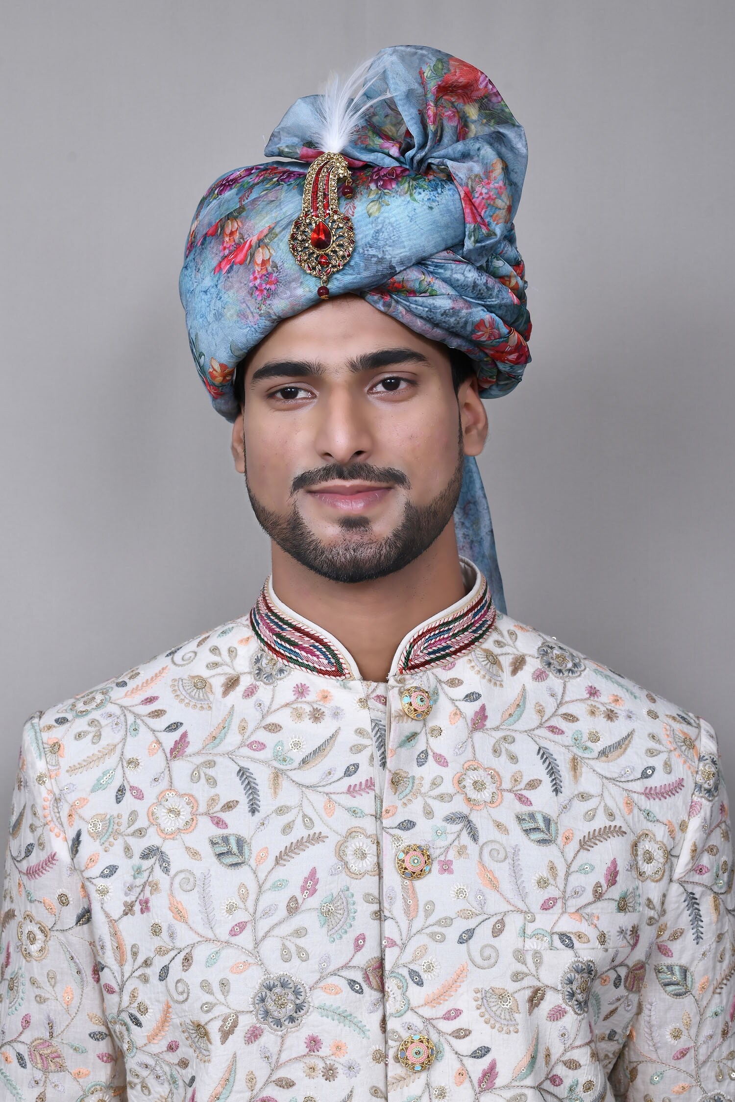 Buy Samyukta Singhania Blue Silk Floral Print Safa Online | Aza Fashions