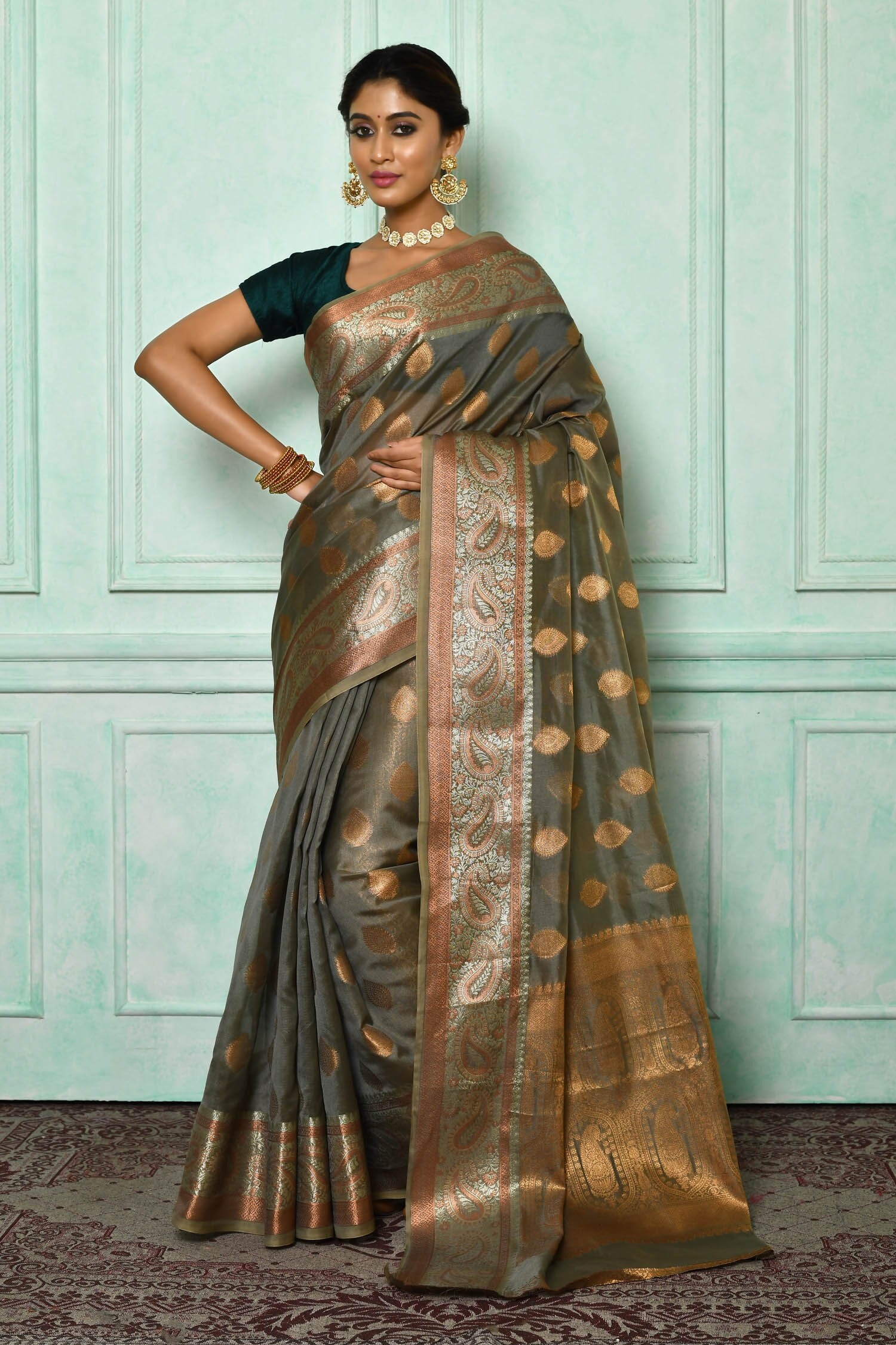 Buy Grey Pure Organza Silk Woven Gold Zari Work Paisley Pattern Saree ...
