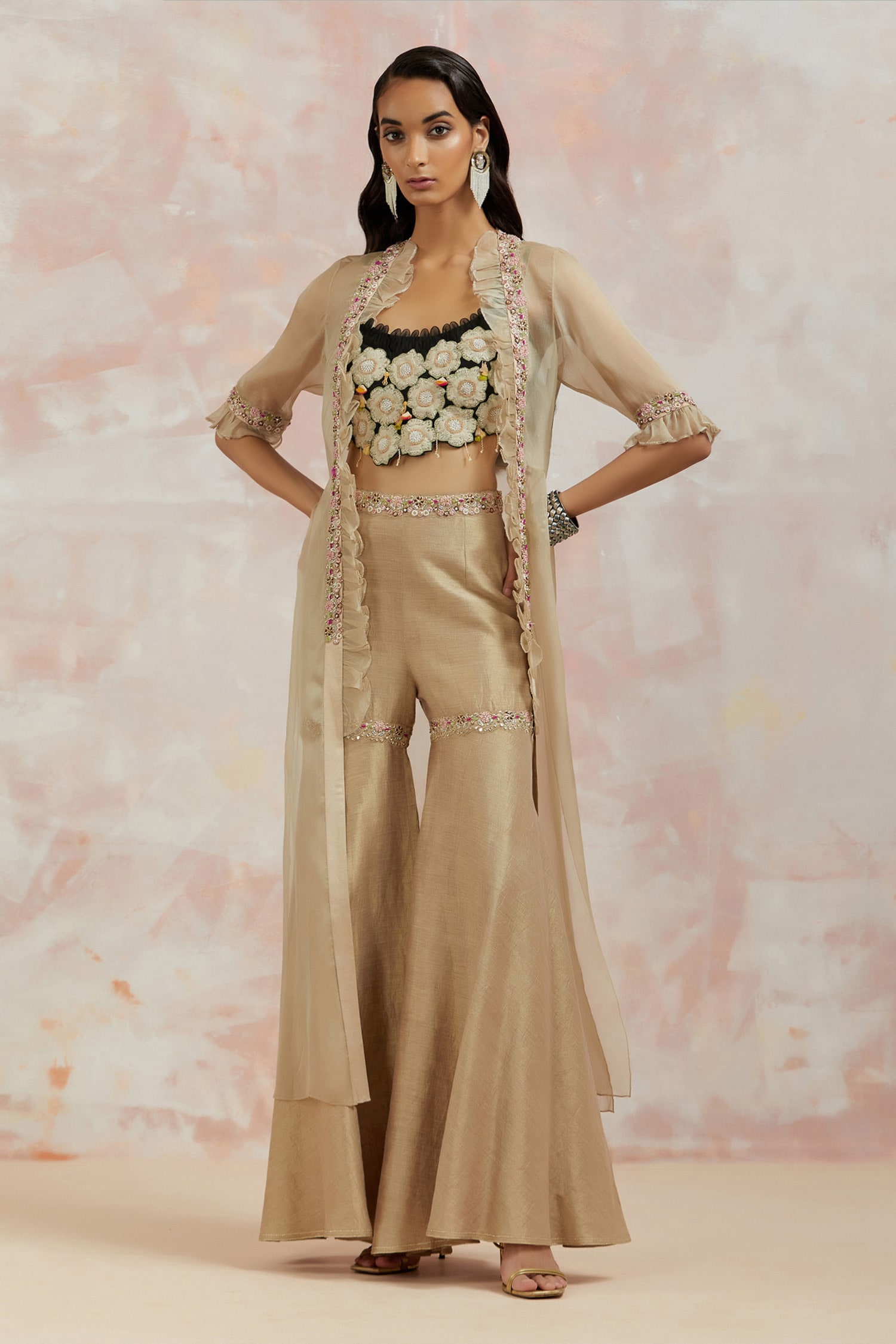 Buy Beige Blouse And Palazzo Silk Embroidery Floral Cape Placket Set ...
