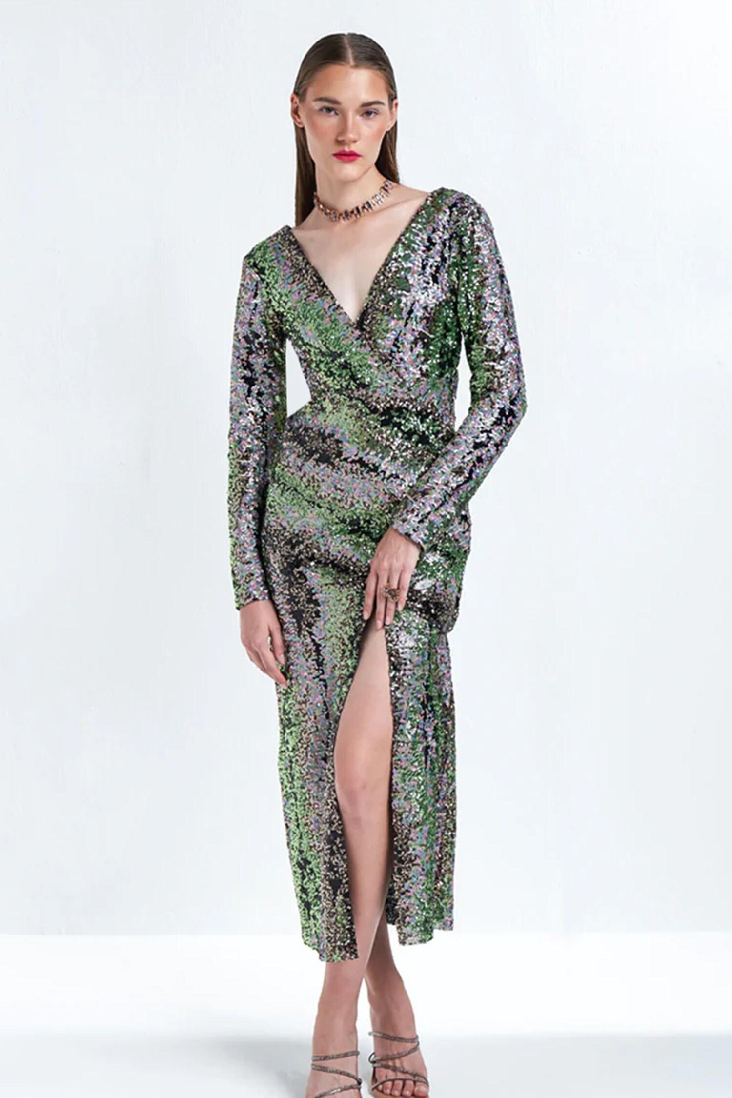 Buy Multi Color Polyester Hand Embroidered Supernova High Slit Dress ...