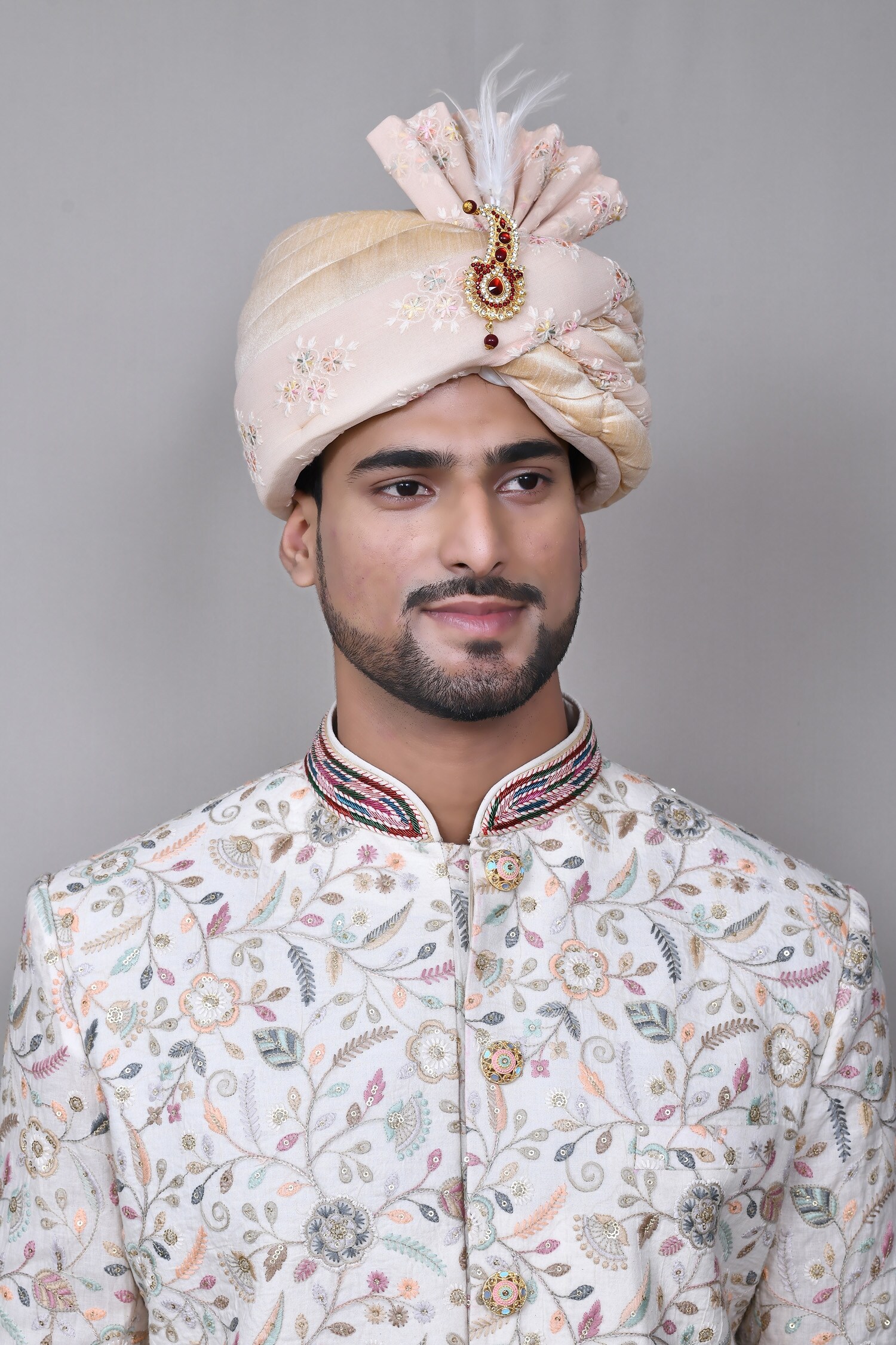 Buy Samyukta Singhania Cream Art Silk Embroidered Safa With Kalangi ...