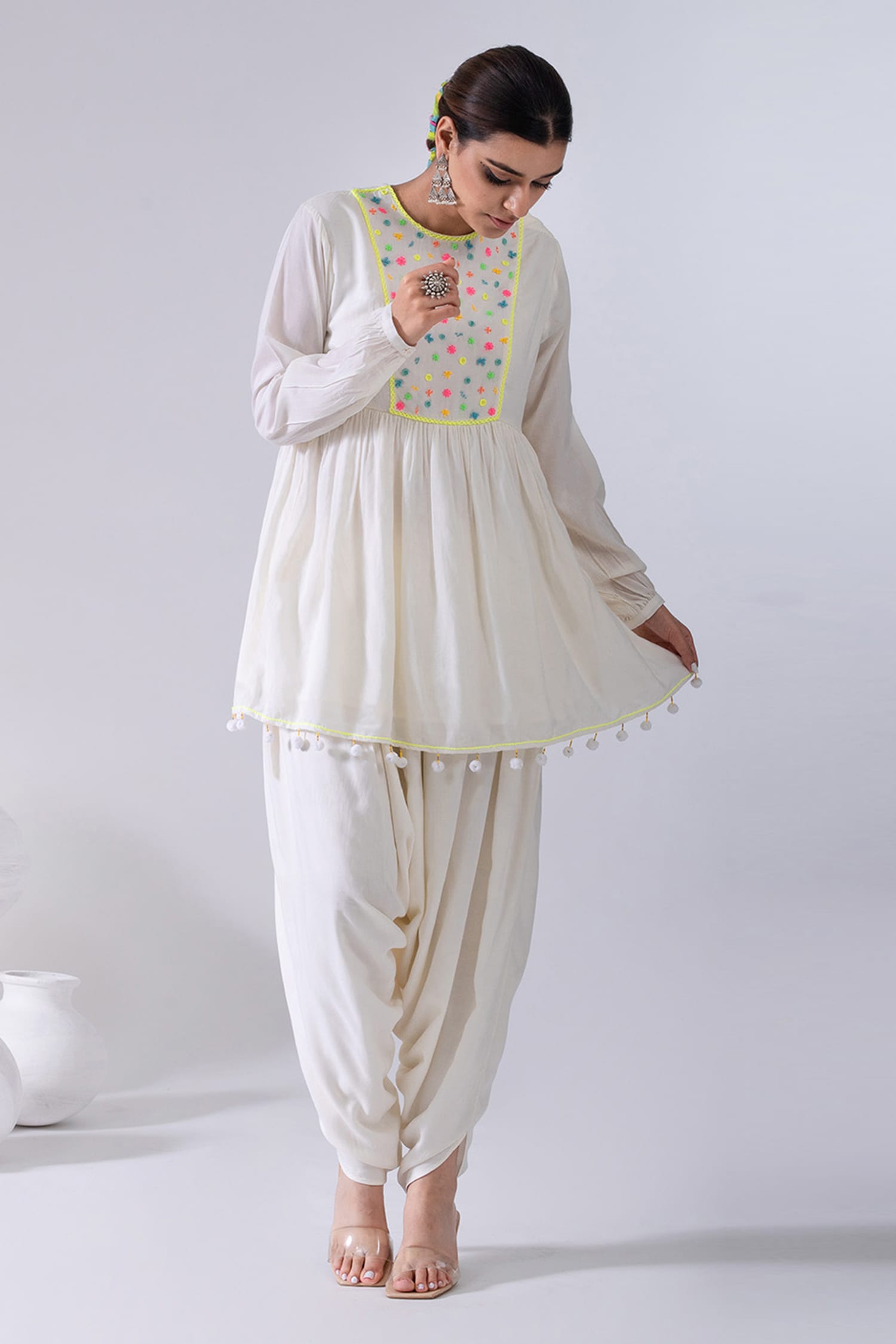 Buy Ivory Cotton Voile Embroidery Yoke Kediya Kurta And Dhoti Pant Set ...