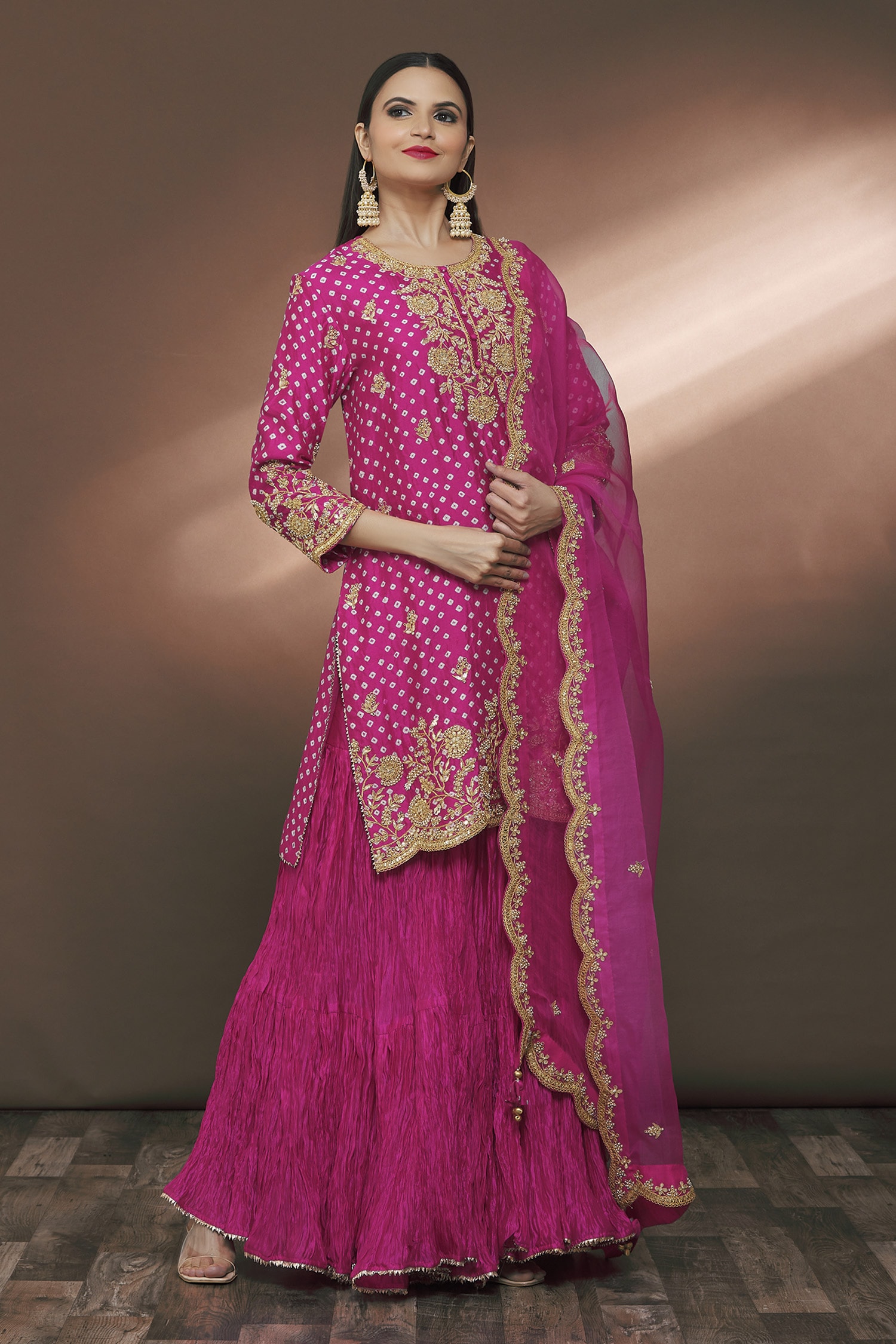 Buy Surbhi shah Pink Pure Spun Silk Bandhej Pattern Kurta Sharara Set ...