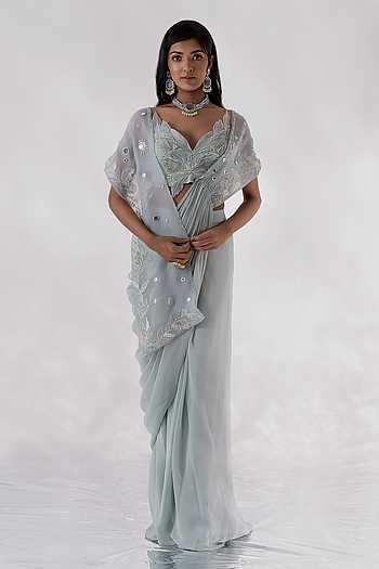 Buy Blue Organza Embroidery Mirror Nayraa Pre-draped Saree With Bustier ...