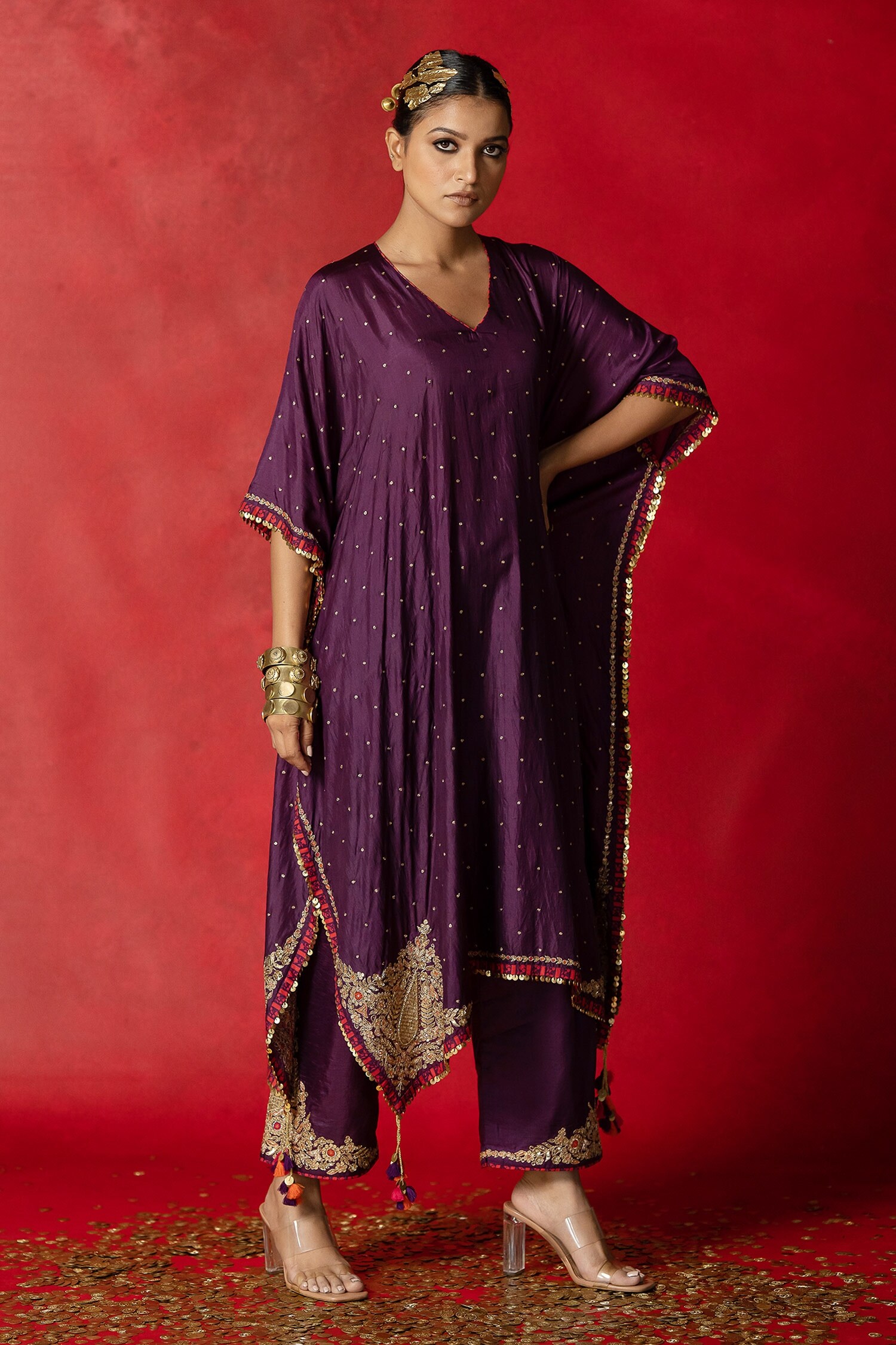 Buy Pooja-Keyur Purple Silk Kaftan Tunic And Ijjar Set Online | Aza ...
