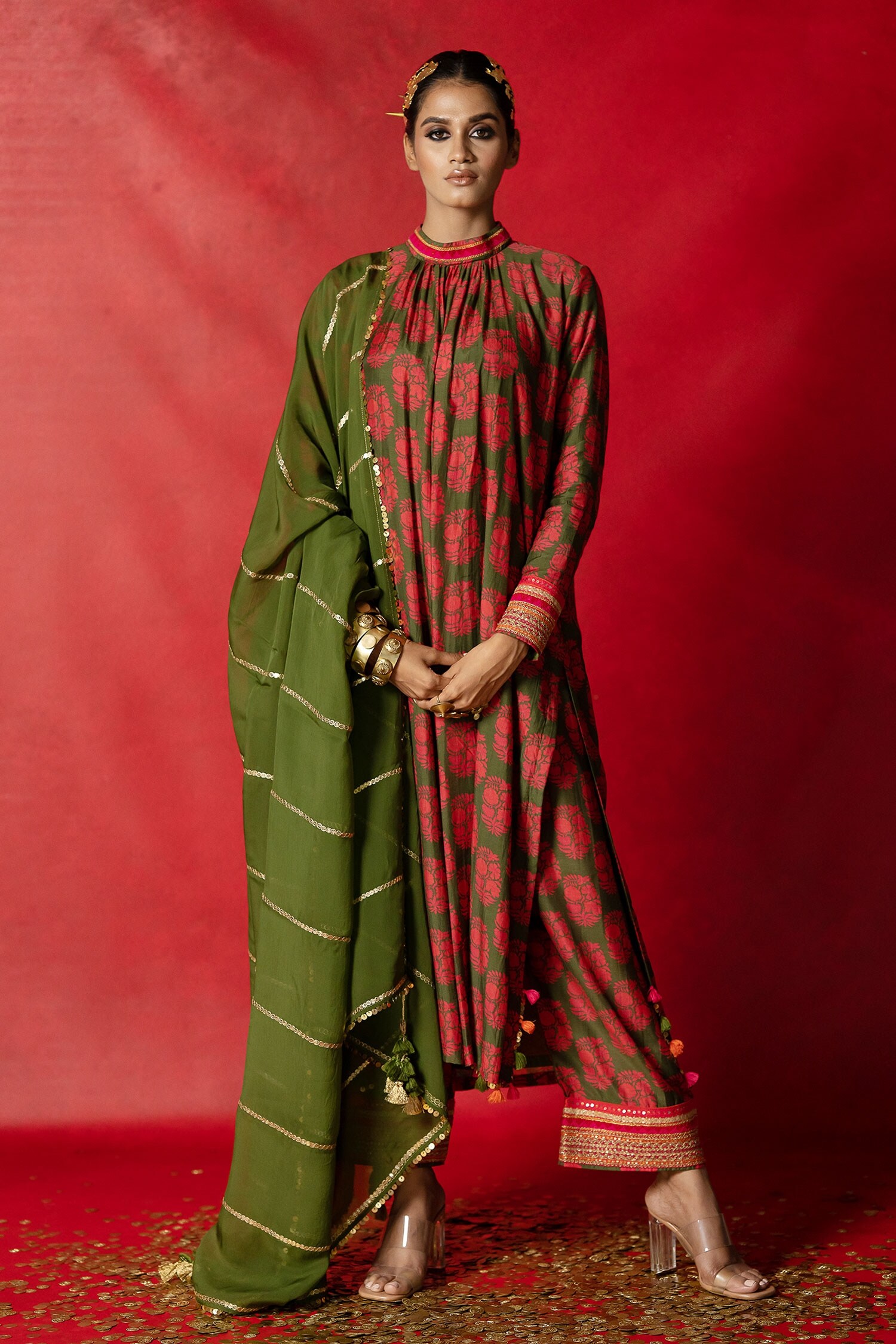 Buy Pooja-Keyur Green Organza Gota Embroidered Dupatta Online | Aza ...