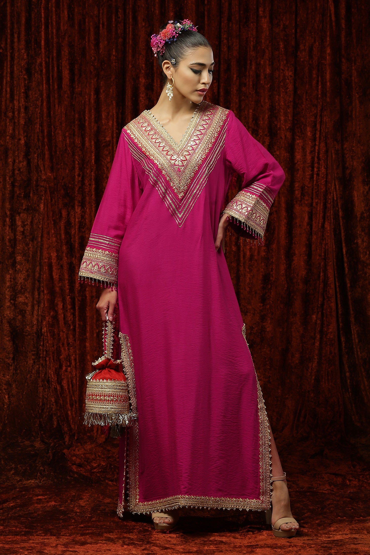 Buy Shikhar Sharma Pink Silk Chanderi Kaftan Online | Aza Fashions