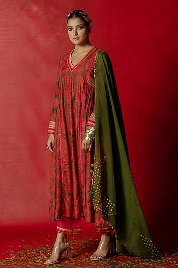 Buy Pooja-Keyur Green Cotton Silk Floral Print Anarkali And Ijjar Set ...