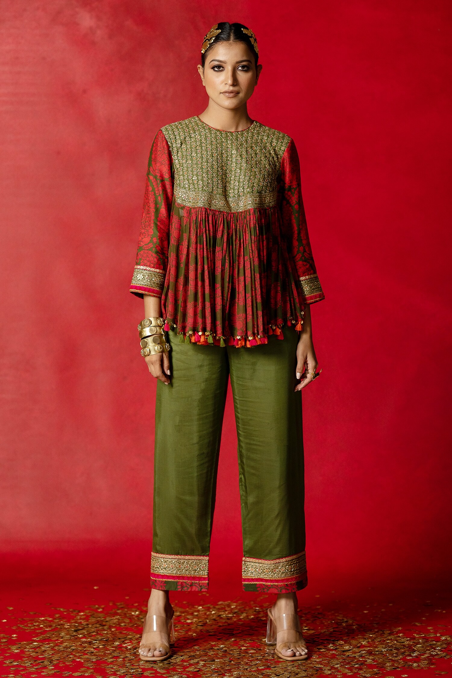 Buy Green Top: Chiffon And Pants: Cotton Silk Print & Embroidery & Set ...