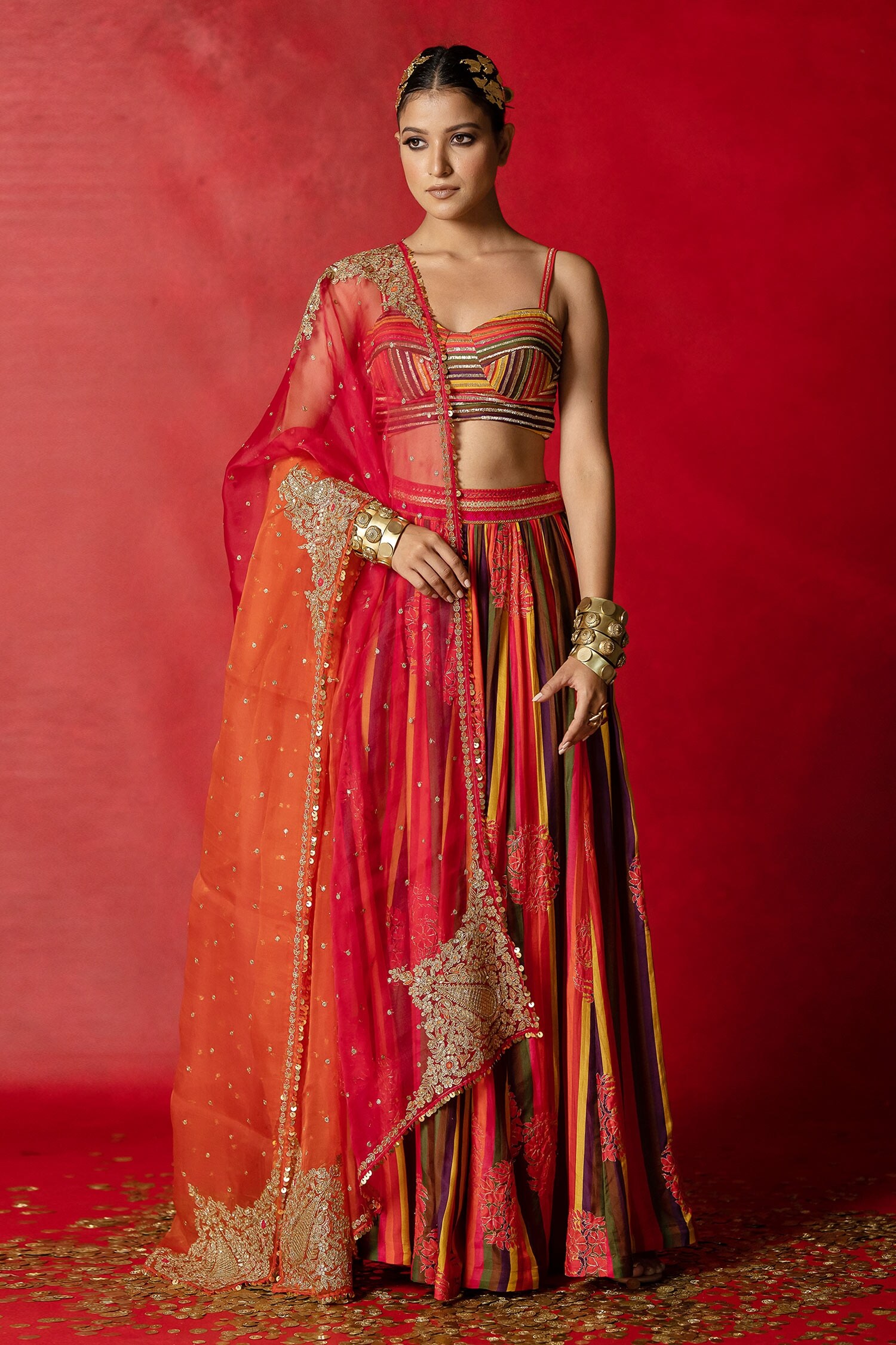 Buy Multi Color Top And Lehenga: Cotton Silk Print & Striped Set For ...