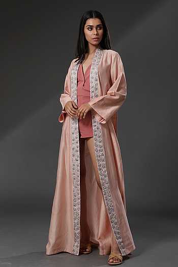 Buy Zeefaa Peach Moroccan Moss Embroidered Lapel Cape Online | Aza Fashions