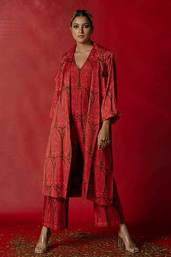 Buy Brown Cotton Silk Printed Paisley Notched Lapel Trench Jacket For ...