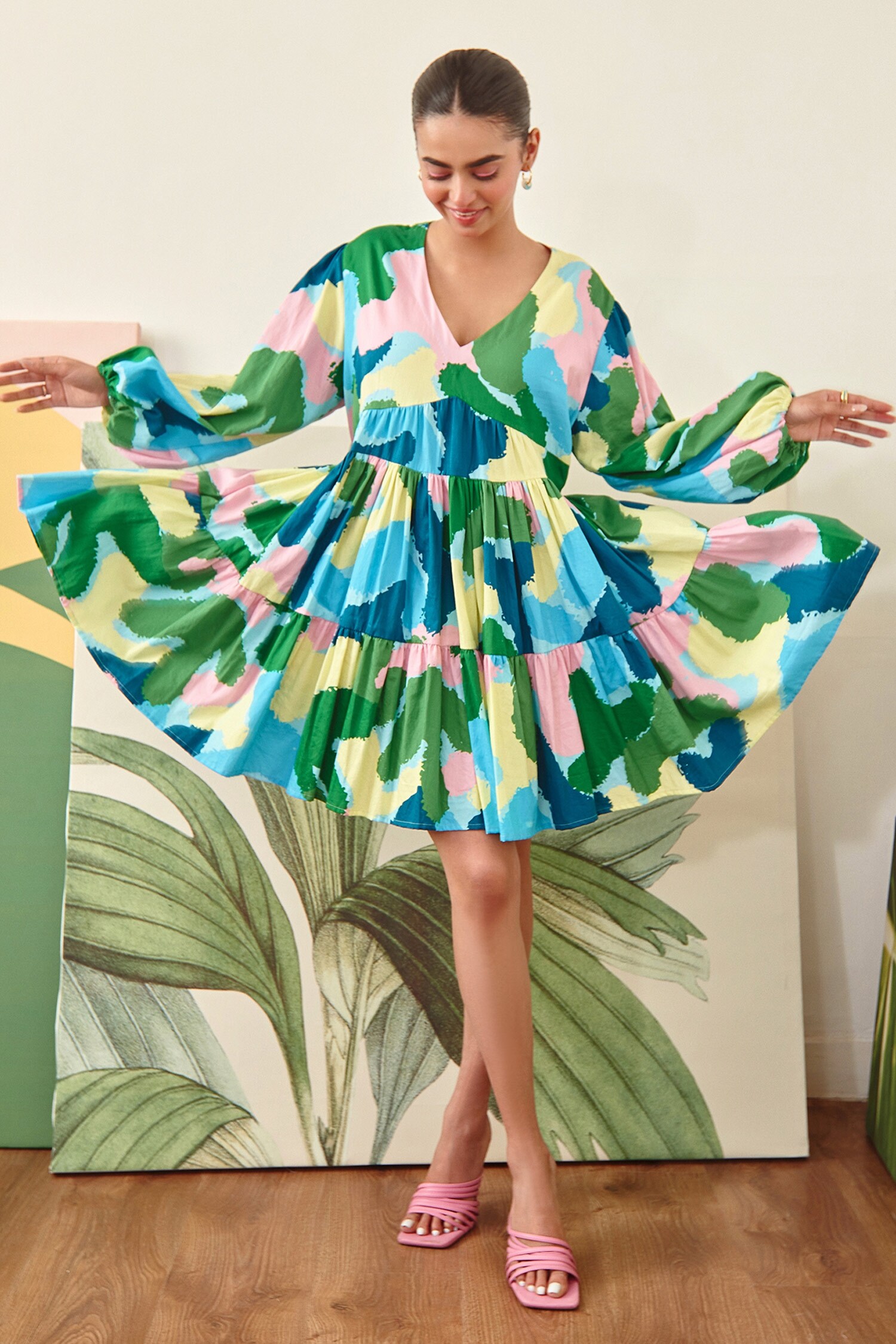 Buy Sorbae Multi Color Cotton Satin Camo Print Tiered Dress Online ...