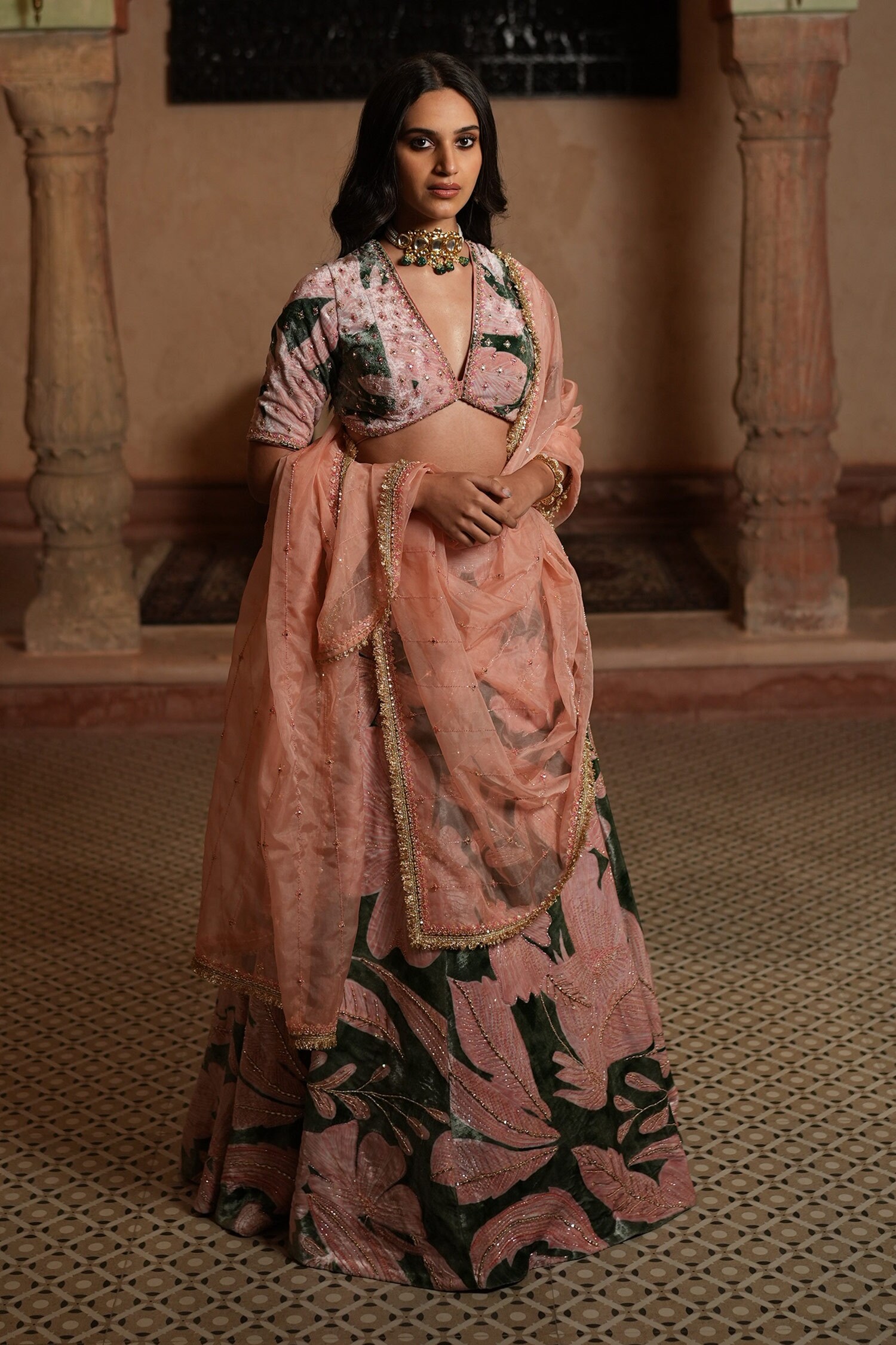 Buy Ruhr India Green Taffeta Floral Hand Embroidered Lehenga Set Online ...