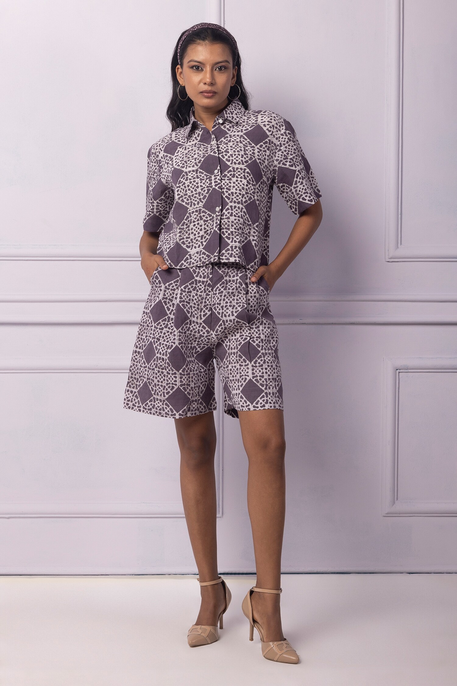 Buy Purple Cotton Linen Printed Batik Shorts For Women by Ek Katha ...