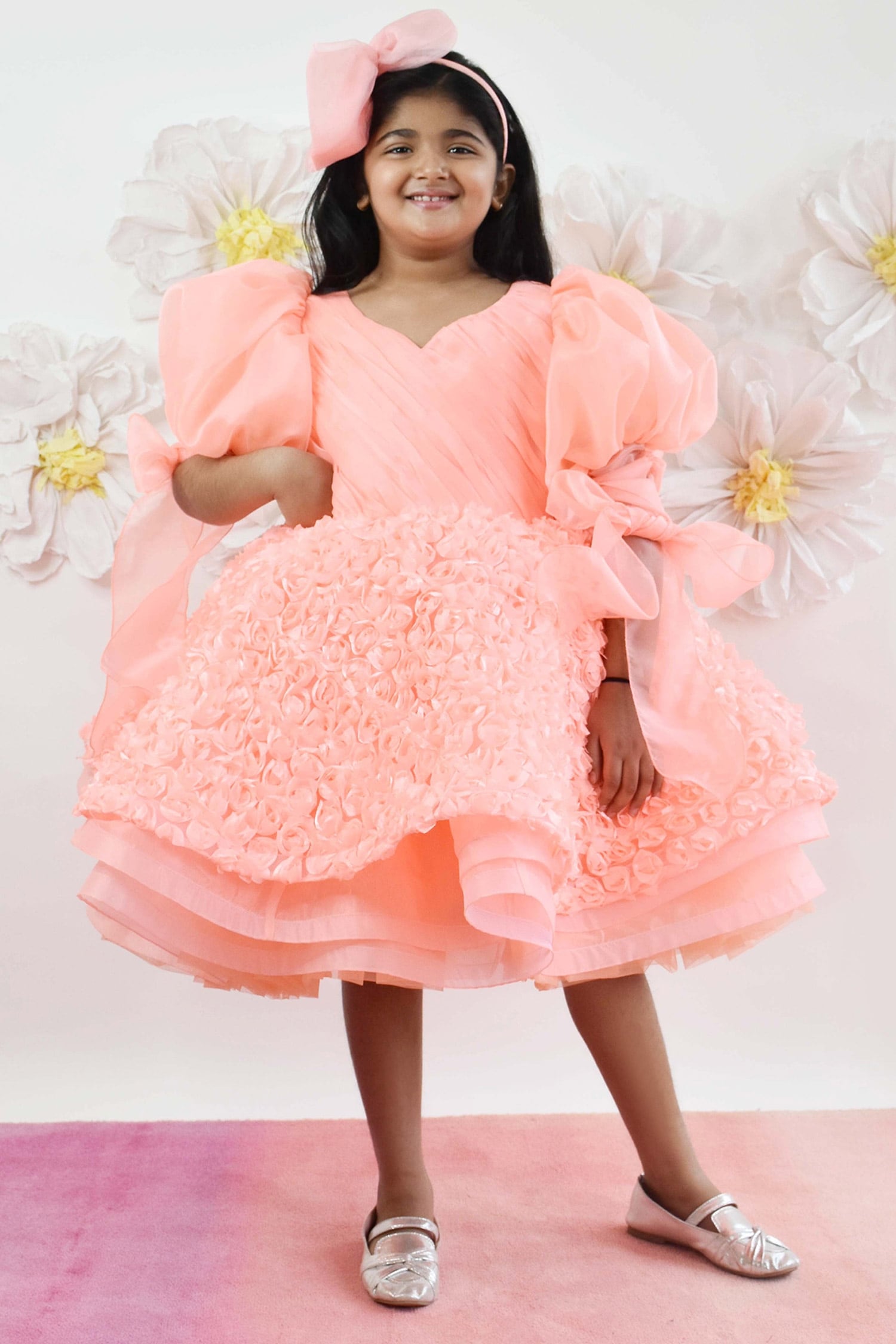 Buy Peach Organza Neon Flared Frock For Girls by FAYON KIDS Online at ...