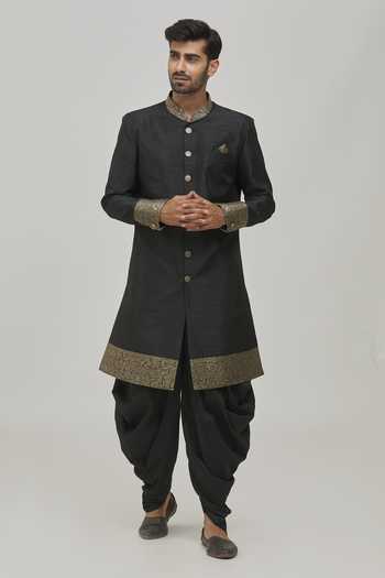 Buy Black Silk Woven Floral Vine Placement Sherwani Set For Men by ...