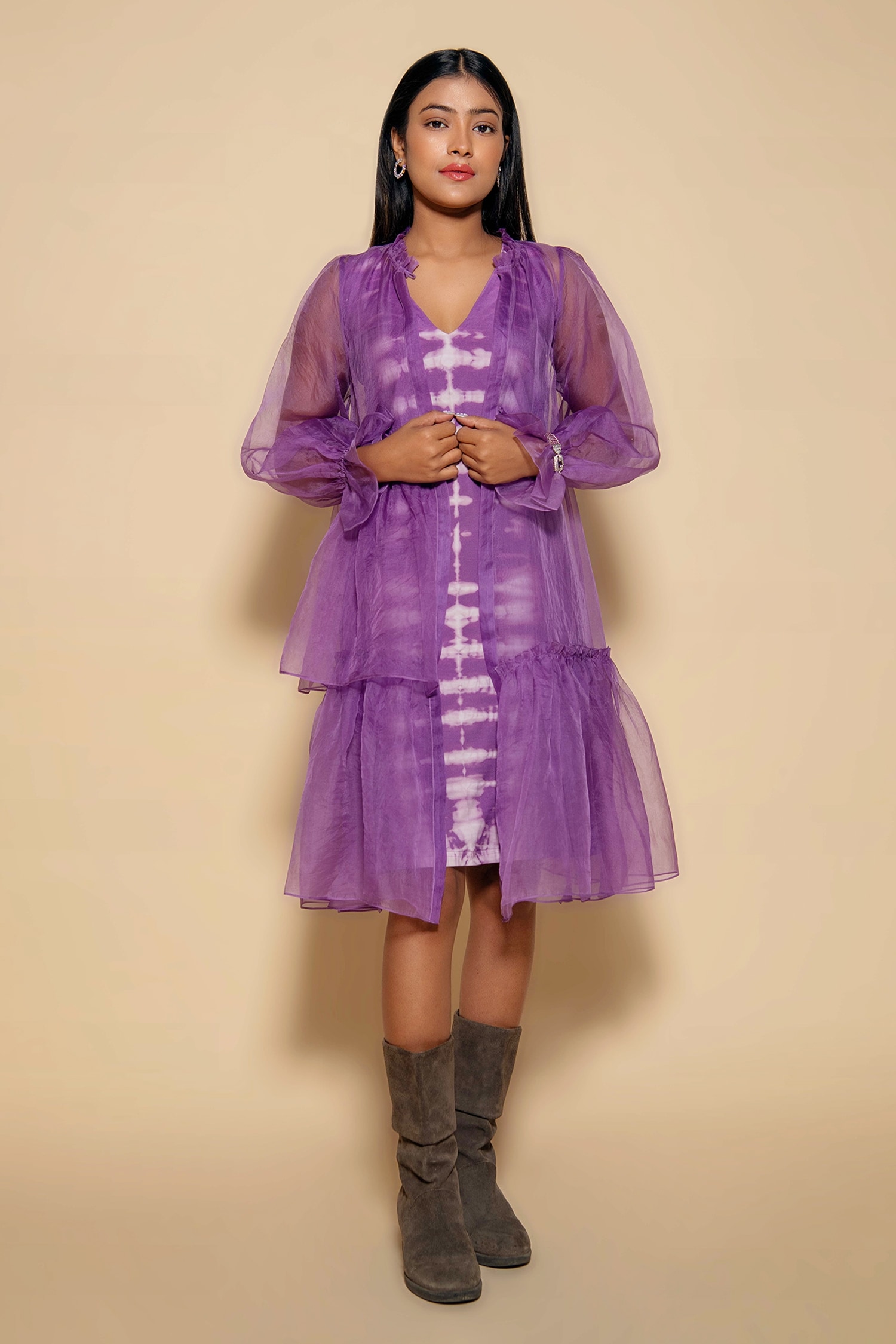 Buy Ranng Label Purple Lycra Sheer Shrug And Tie Dye Dress Online | Aza ...