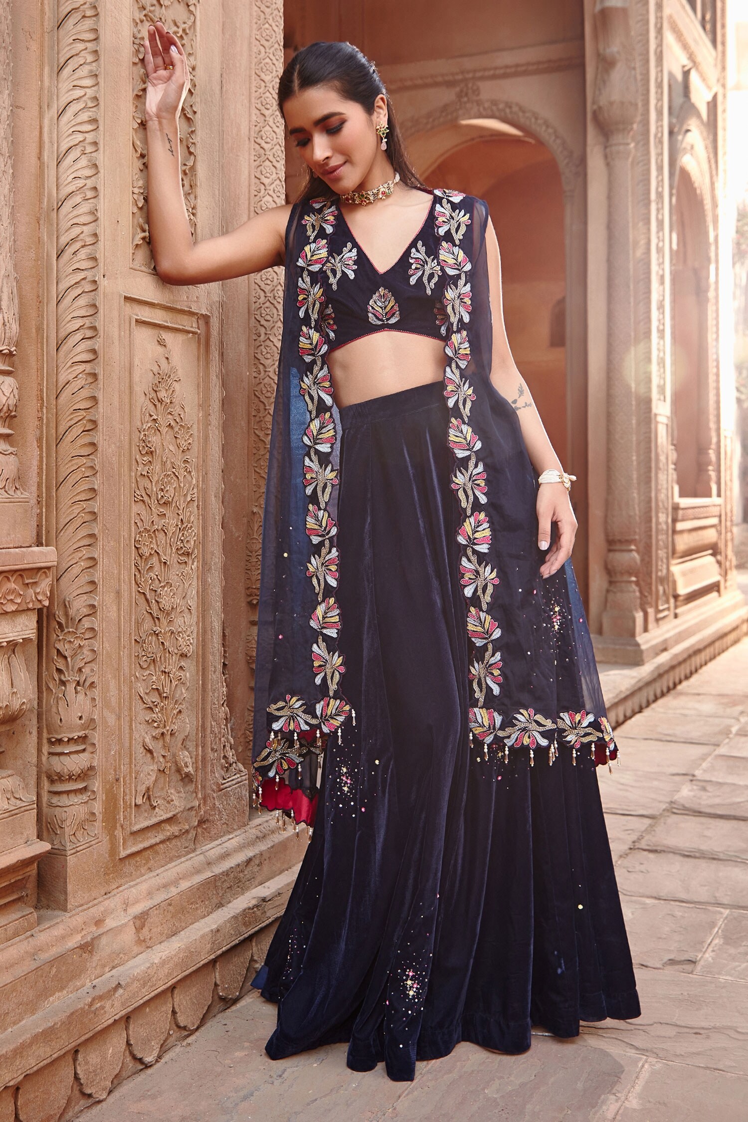 Buy Blue Velvet Embroidered Thread V Neck Hand Cape And Sharara Set For ...
