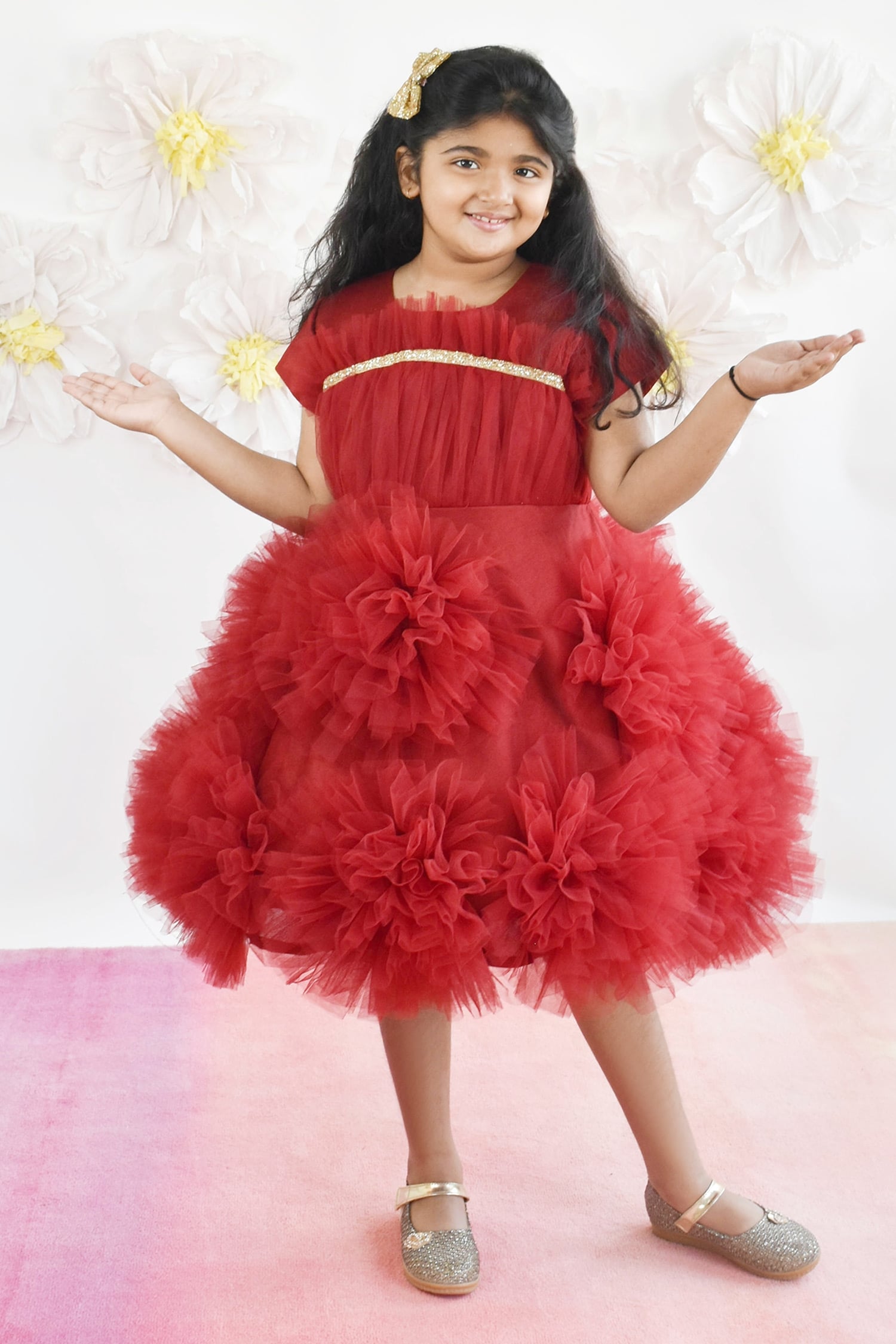 Buy Fayon Kids Maroon 3d Flower Detail Frock For Girls Online | Aza ...