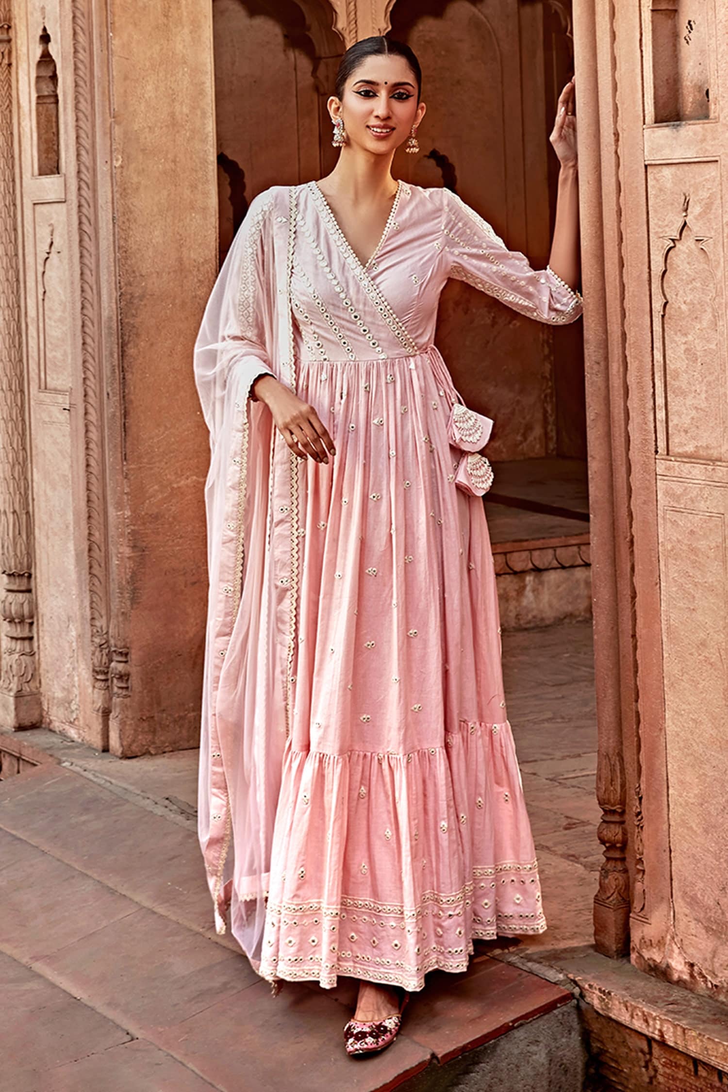 Buy Pink Angrakha: Cotton Mulmul And Dupatta: Tulle & Work Anarkali ...