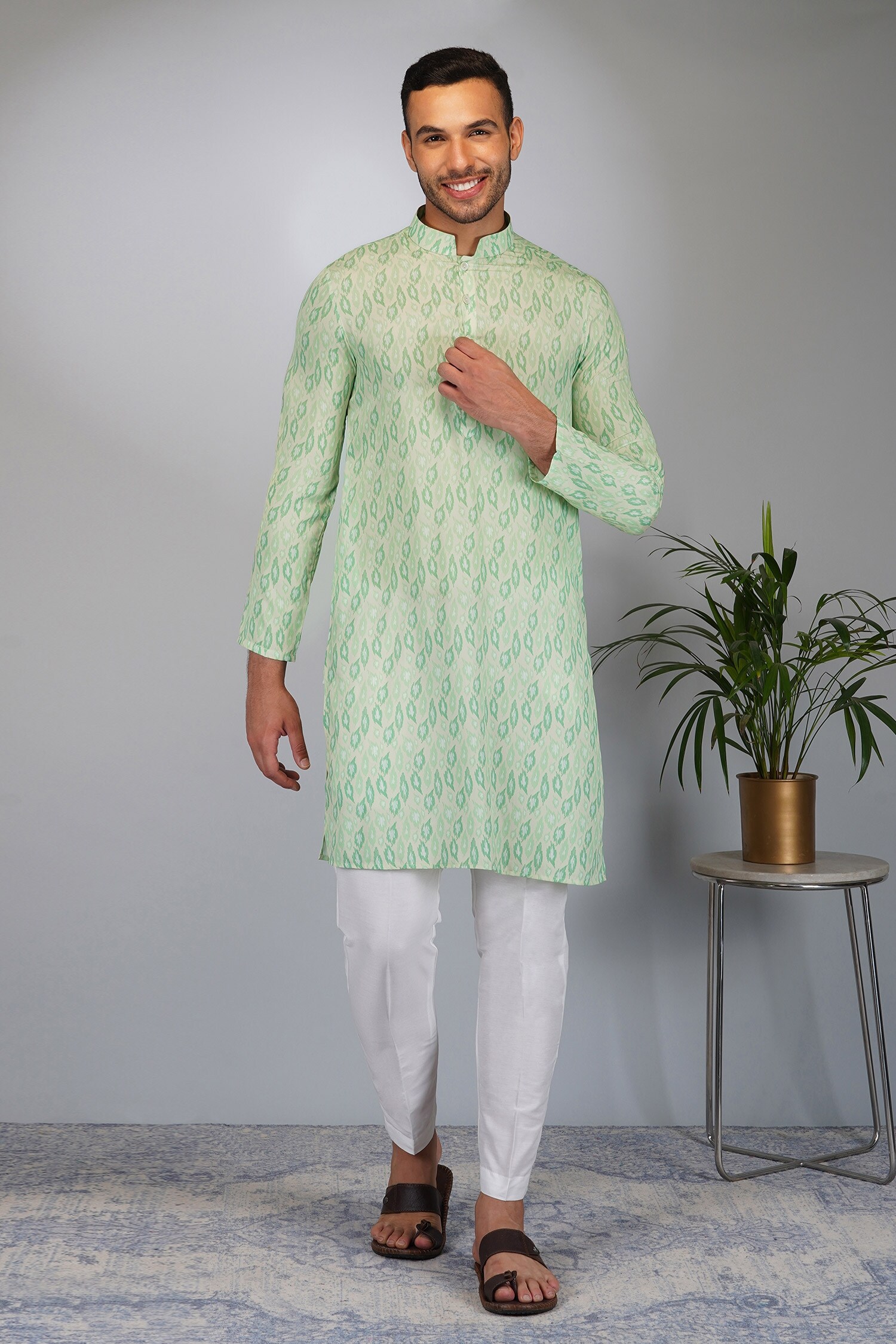 Buy Green Kurta: Softy Silk Print Spectrum And Pant Set For Men by ...