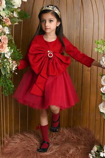 Buy Red Velvet Plain Side Bow Dress For Girls by Hoity Moppet Online at ...