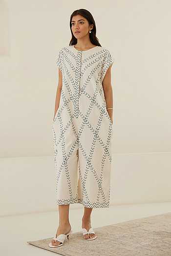 Buy White Silk Voile Hand Block Printed Round Jumpsuit For Women by ...