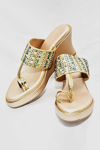 Buy Foot Fuel Gold Suede Ennis Embroidered Kolhapuri Wedges Online ...