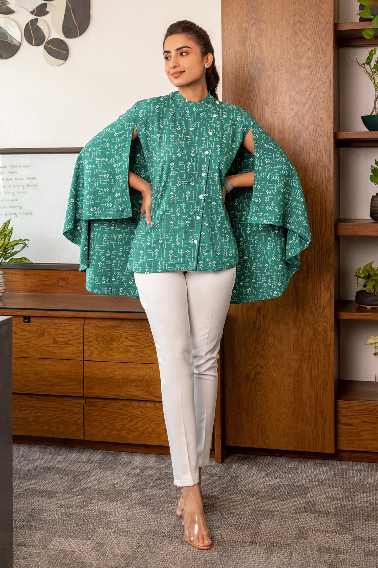 Buy Green Rayon Printed Floral Sprig Band Cape Shirt With Straight Pant ...