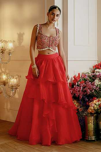 Buy Red Organa And Silk Hand Embroidered Layered Lehenga With Blouse ...