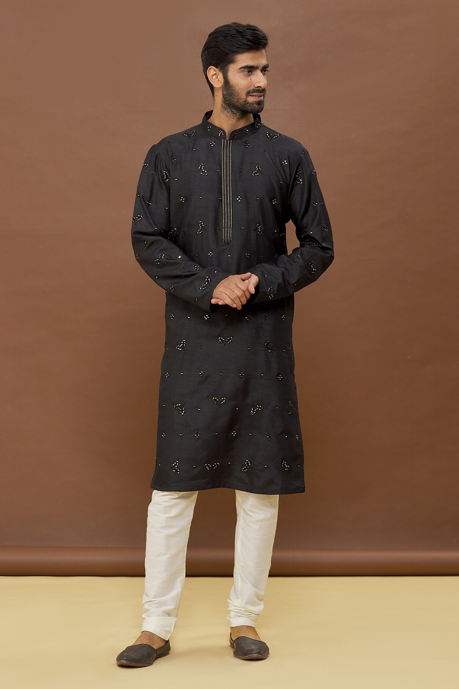 Buy Black Kurta Dola Silk Embroidered Mirror Work Full Sleeve Set For ...