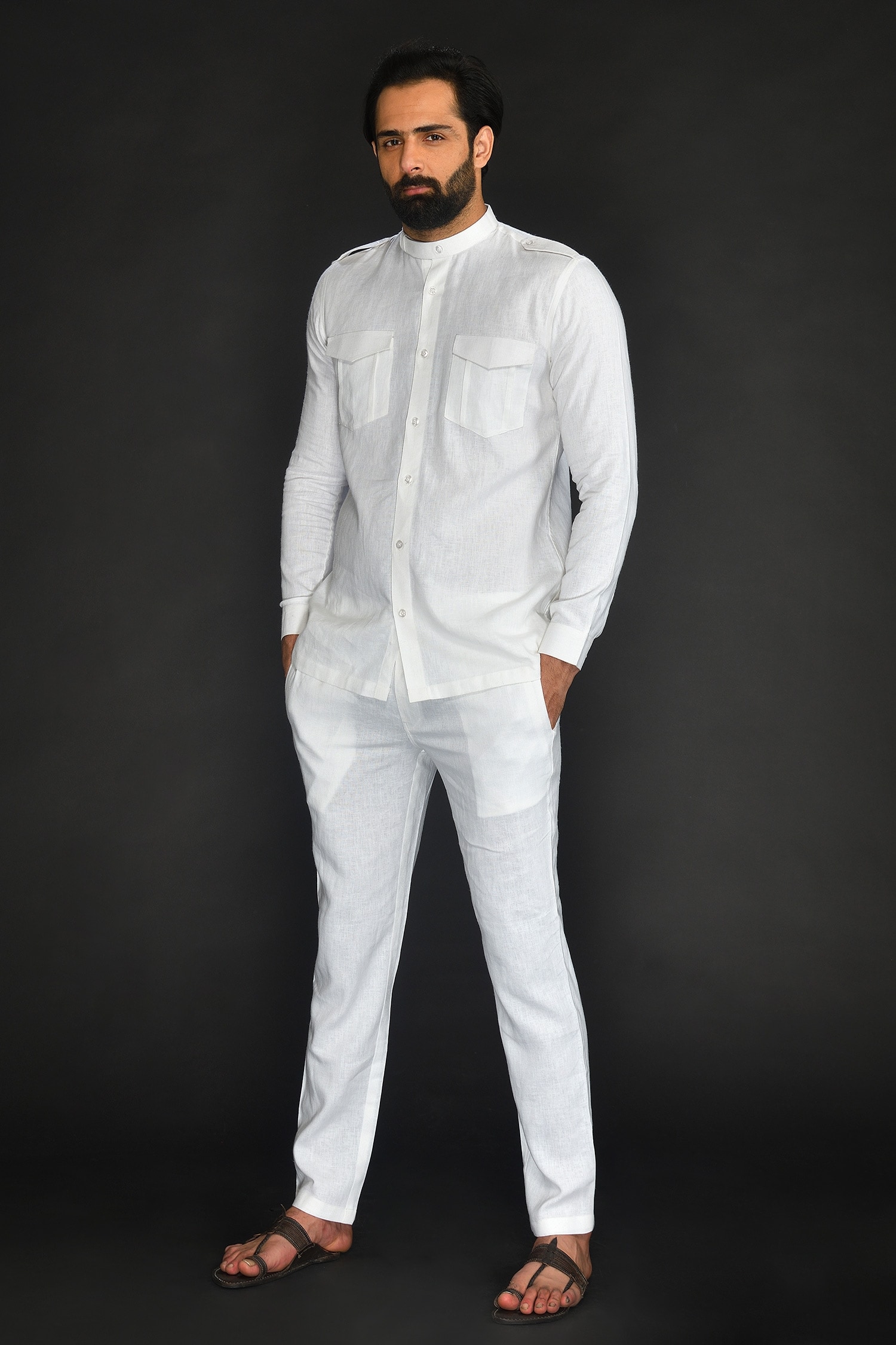 Buy White Linen Viscose Plain Solid Short Pathani And Pant Set For Men ...
