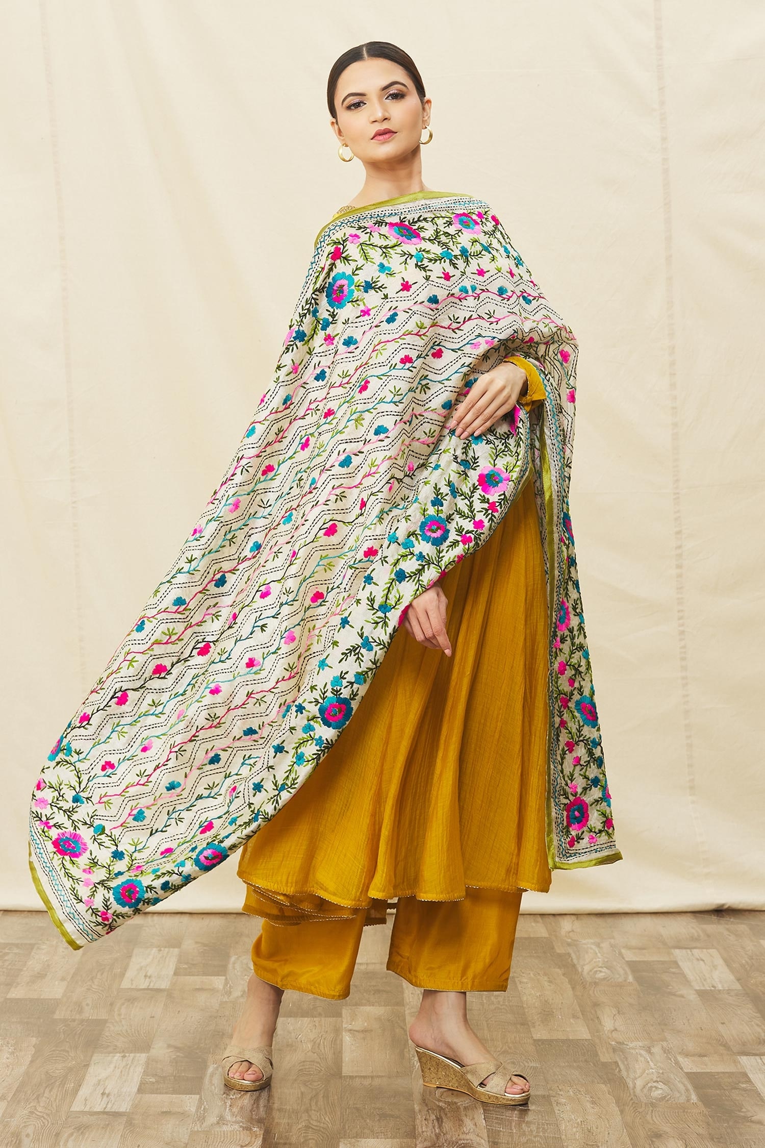 Buy Multi Color Silk Embroidered Phulkari Dupatta For Women by Nazaakat ...
