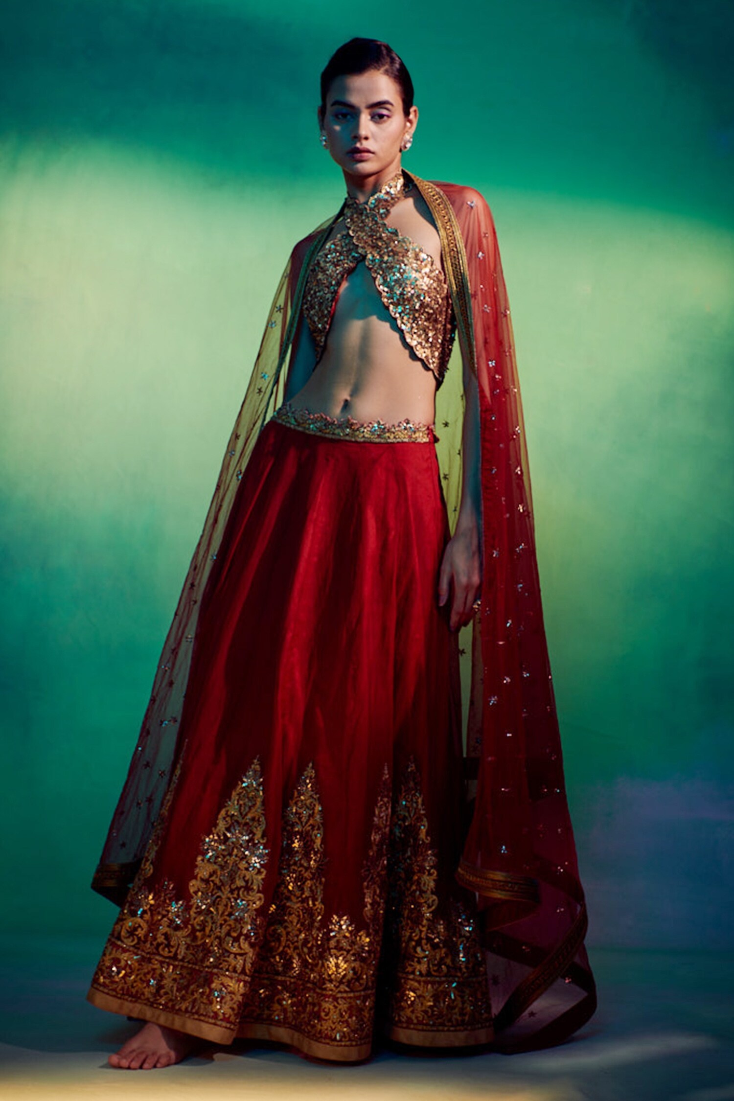 Buy Red Banarasi Organza Embroidered Sequin Halter Lehenga Set For ...