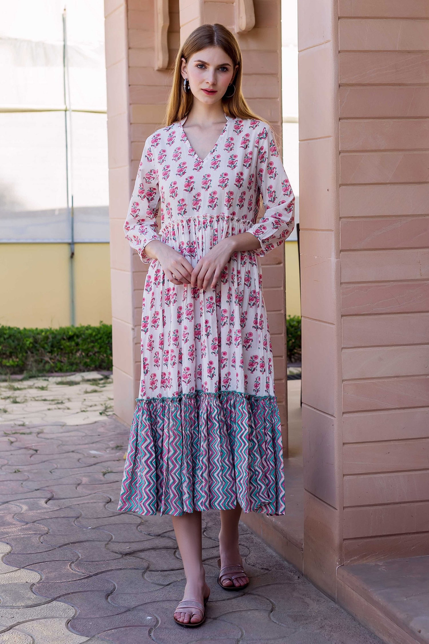 Buy Multi Color Cotton Printed Floral V Neck Gathered Dress For Women ...