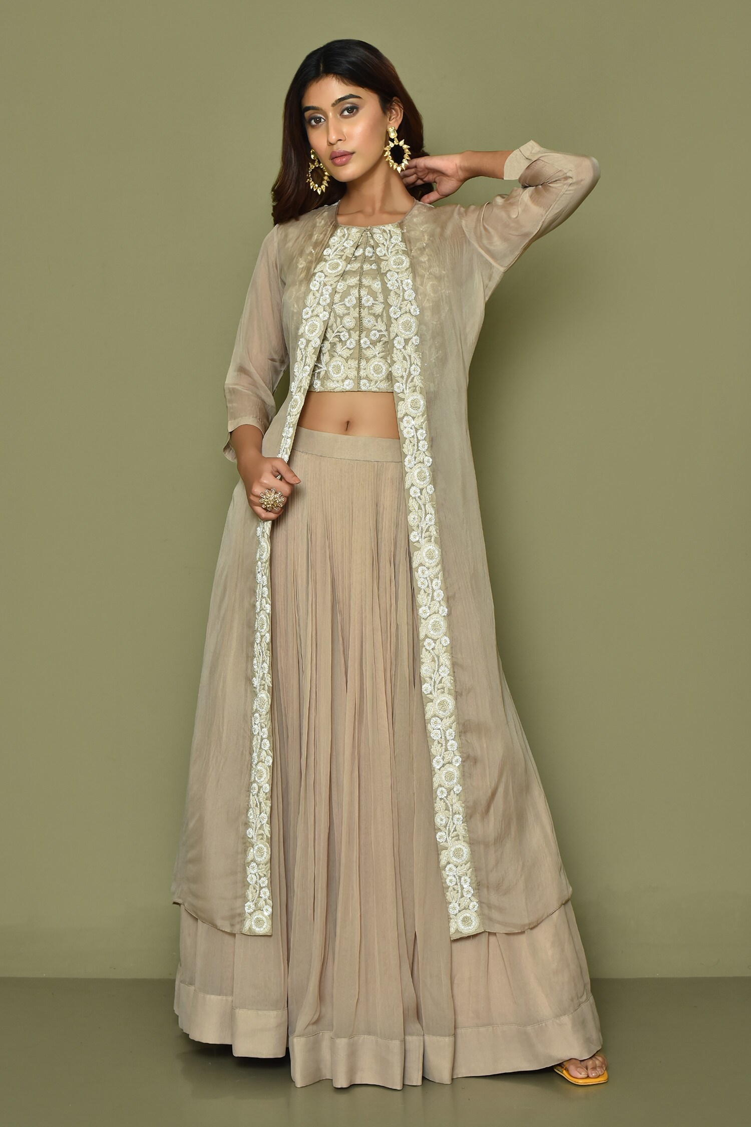 Buy Pink Silk Embroidered Sequin Round Floral Border Jacket Lehenga Set ...