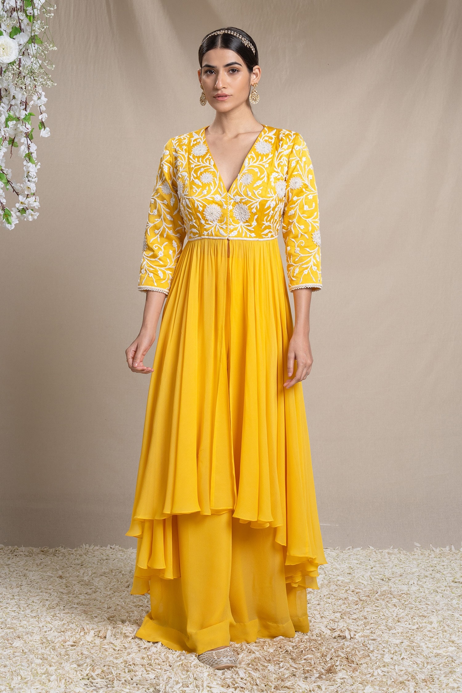 Buy Yellow Modal And Georgette Embroidery Bodice Jacket & Palazzo Set ...