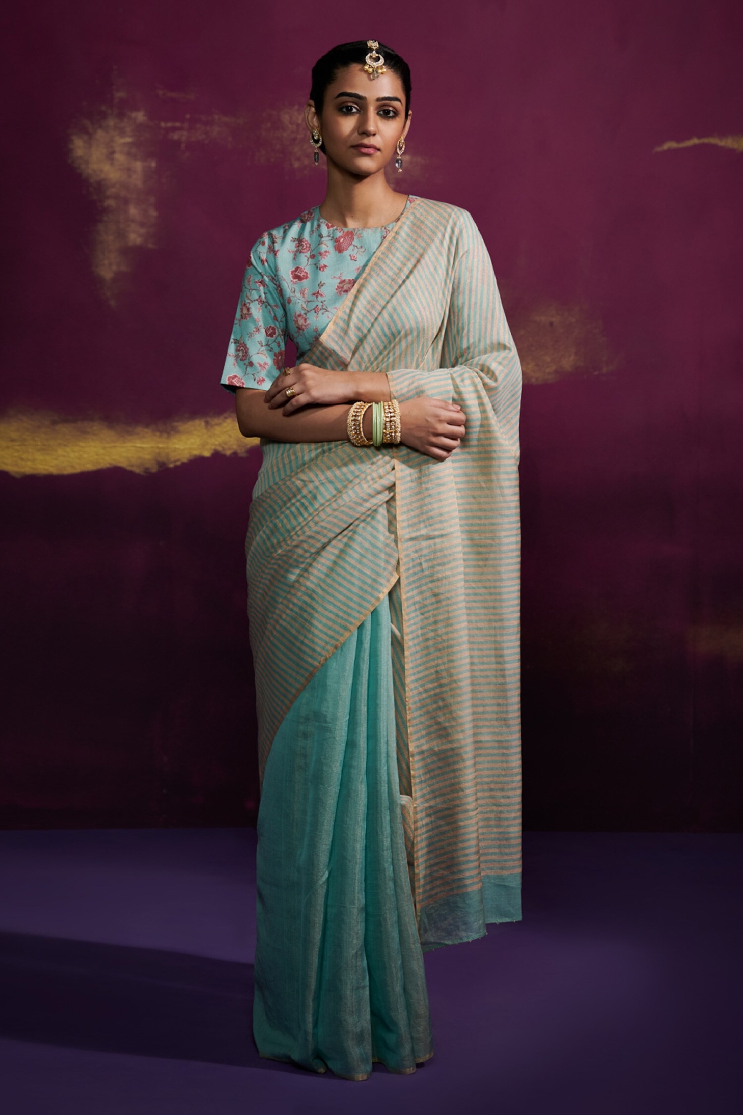 Buy Dressfolk Blue Stripe Pattern Handloom Saree Online | Aza Fashions