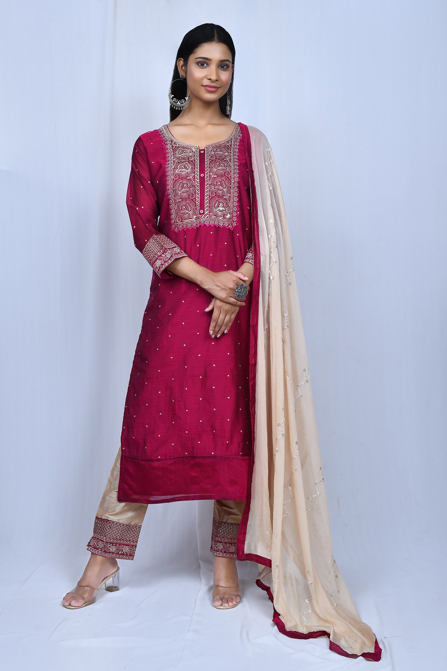 Buy Fuchsia Embroidered Threadwork Round Rosette Bodice Kurta Set For Women by Nazaakat by ...