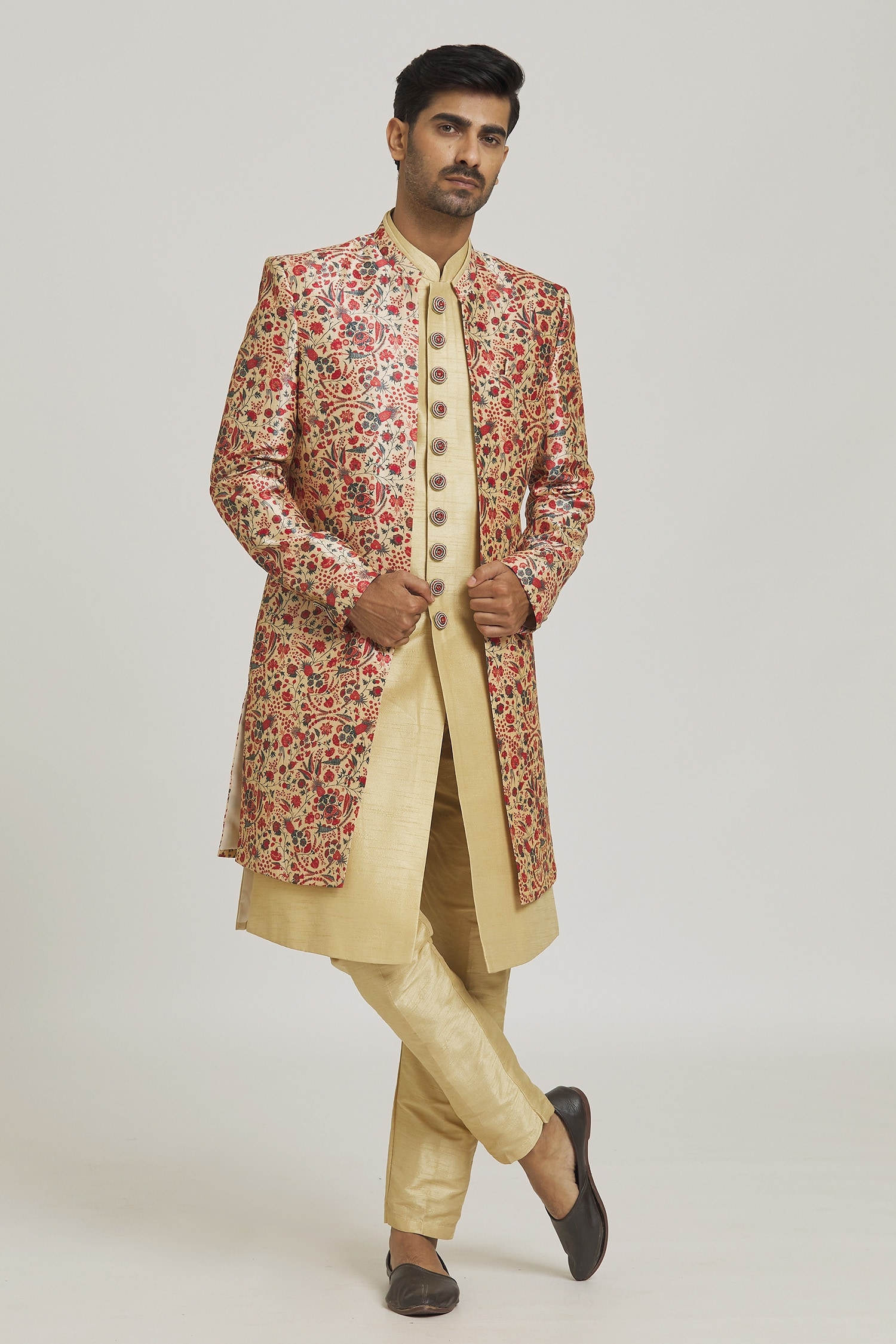 Buy Multi Color Art Silk Printed Floral Persian Jacket Kurta Set For ...