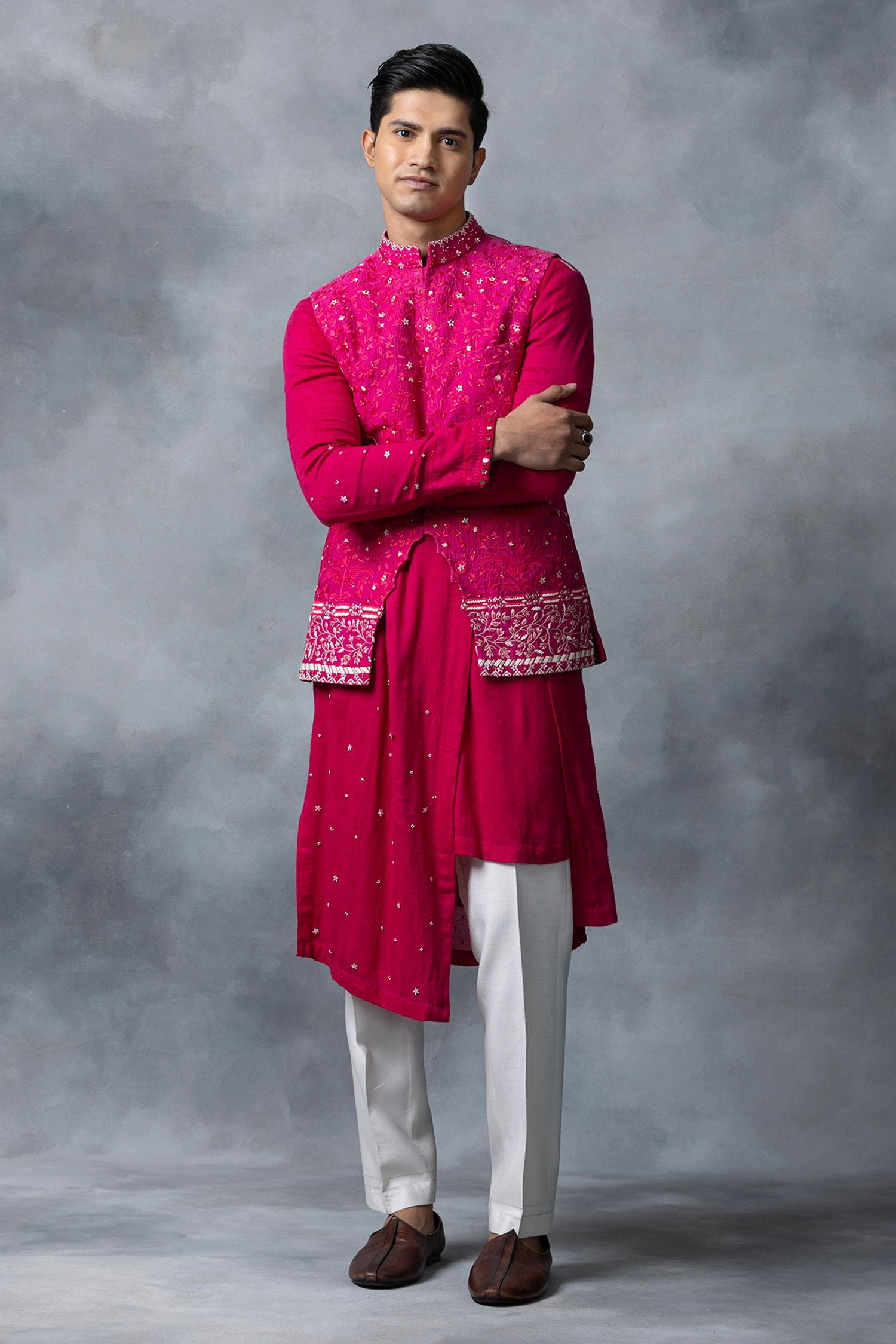 Buy Pink Silk Embroidered Floral Thread Work Waist Coat With Kurta Set ...