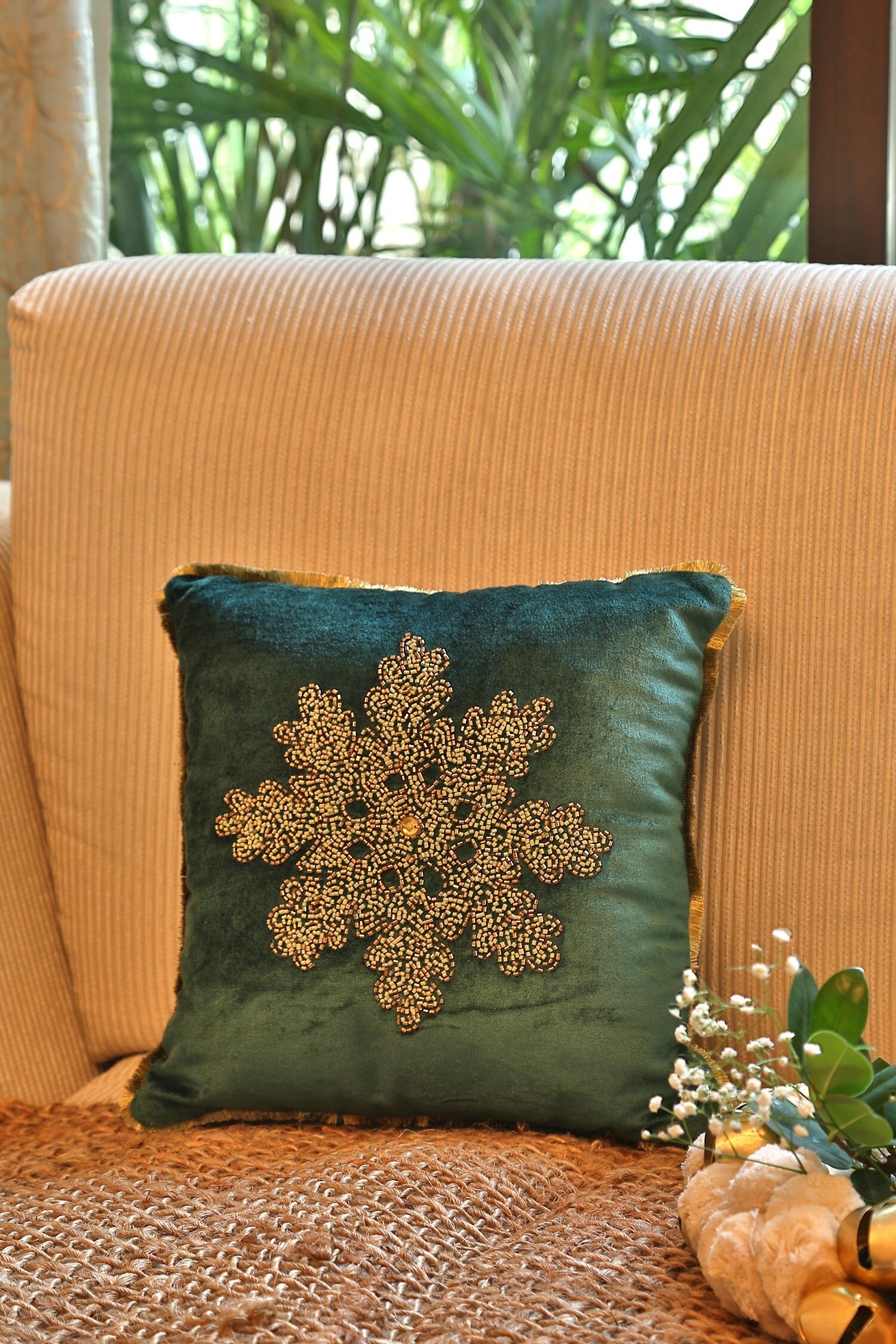 Buy Gold Front Velvet Embellished Snowflake Bead Cushion Cover by ...