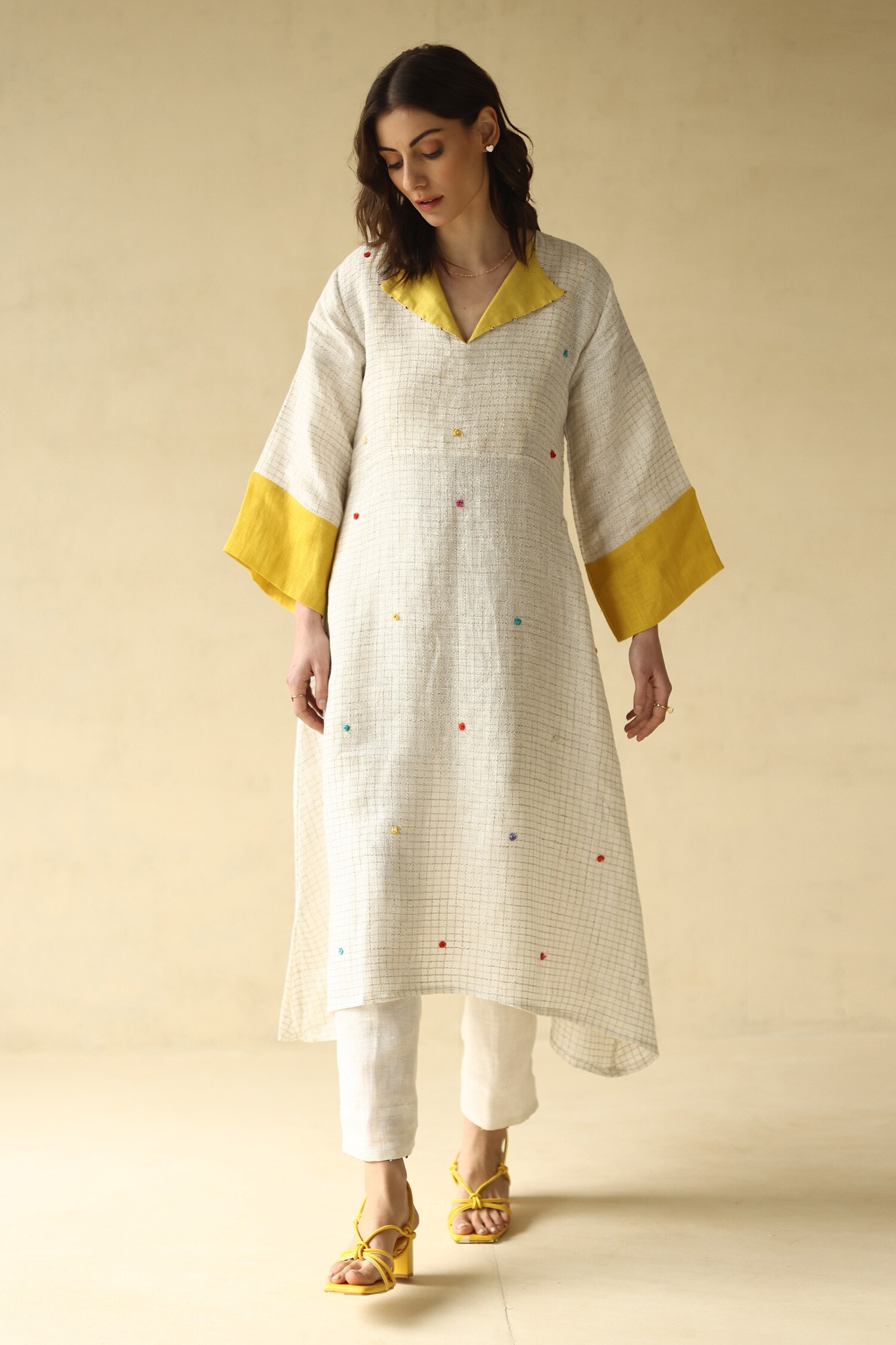 Buy Ivory Checkered Linen Embroidered French Knots Candy Floss Tunic ...